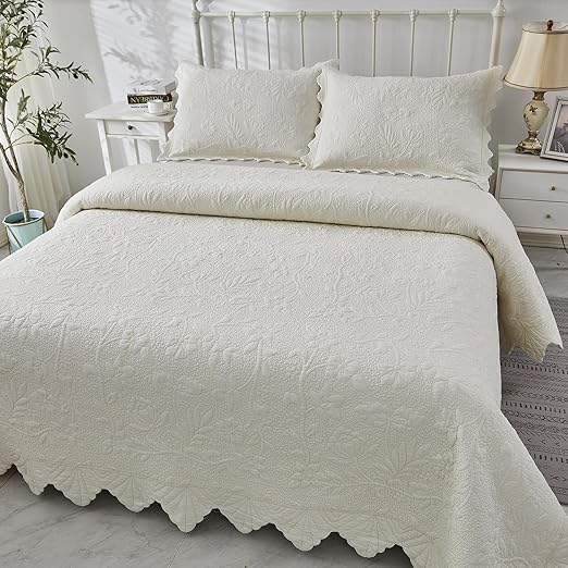 Amazon.com: Brandream Quilt Set King Size Cotton Cream White Luxury ...