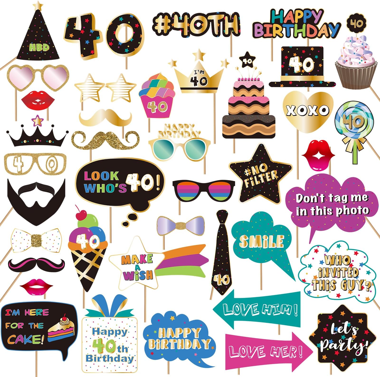 Amazon.com: Adult 40th Birthday Photo Booth Props(41Pcs) for Her Him ...