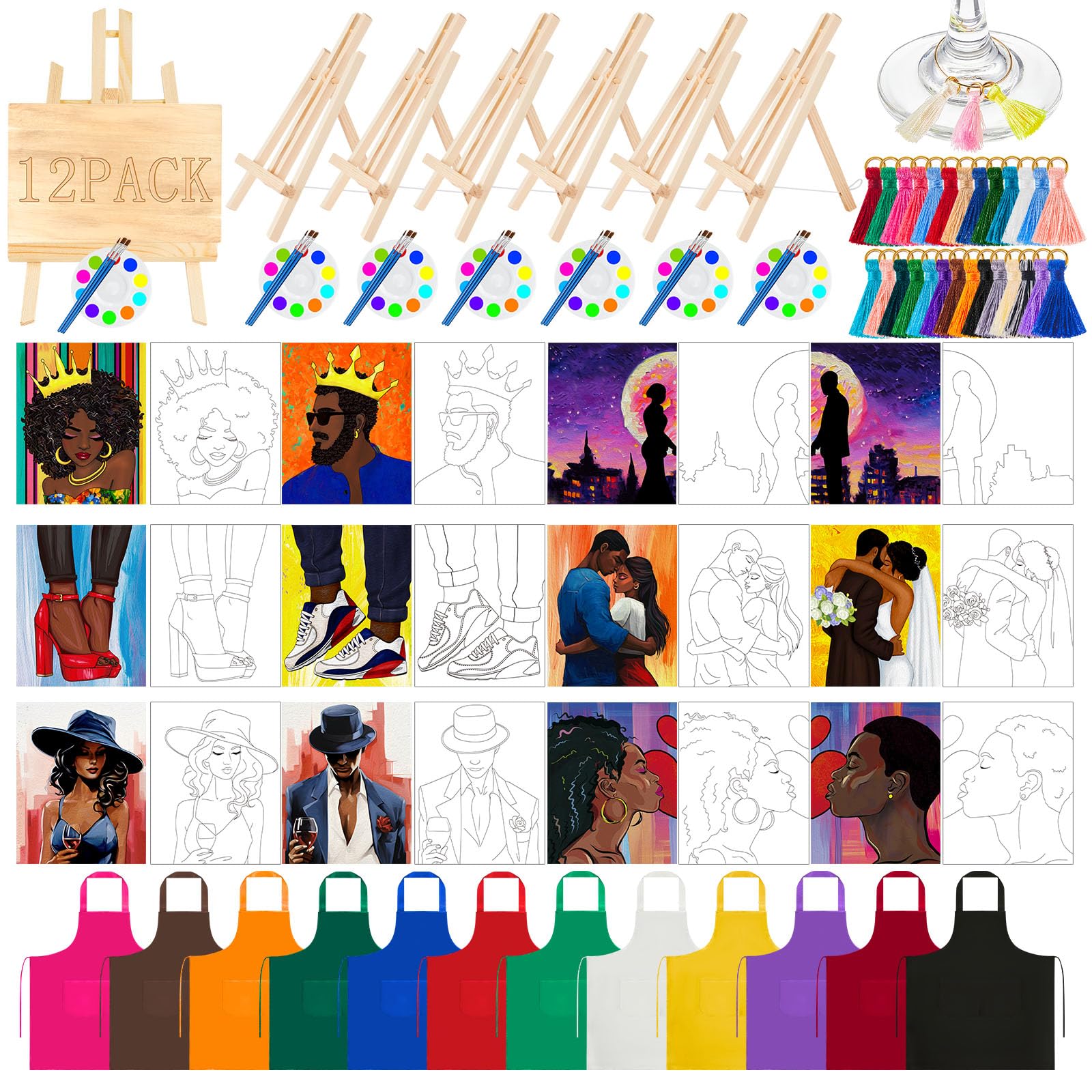 Xtinmee 12 Sets Sip and Paint Kit Couple Painting Kit Supplies Afro King Queen Canvas Painting ...