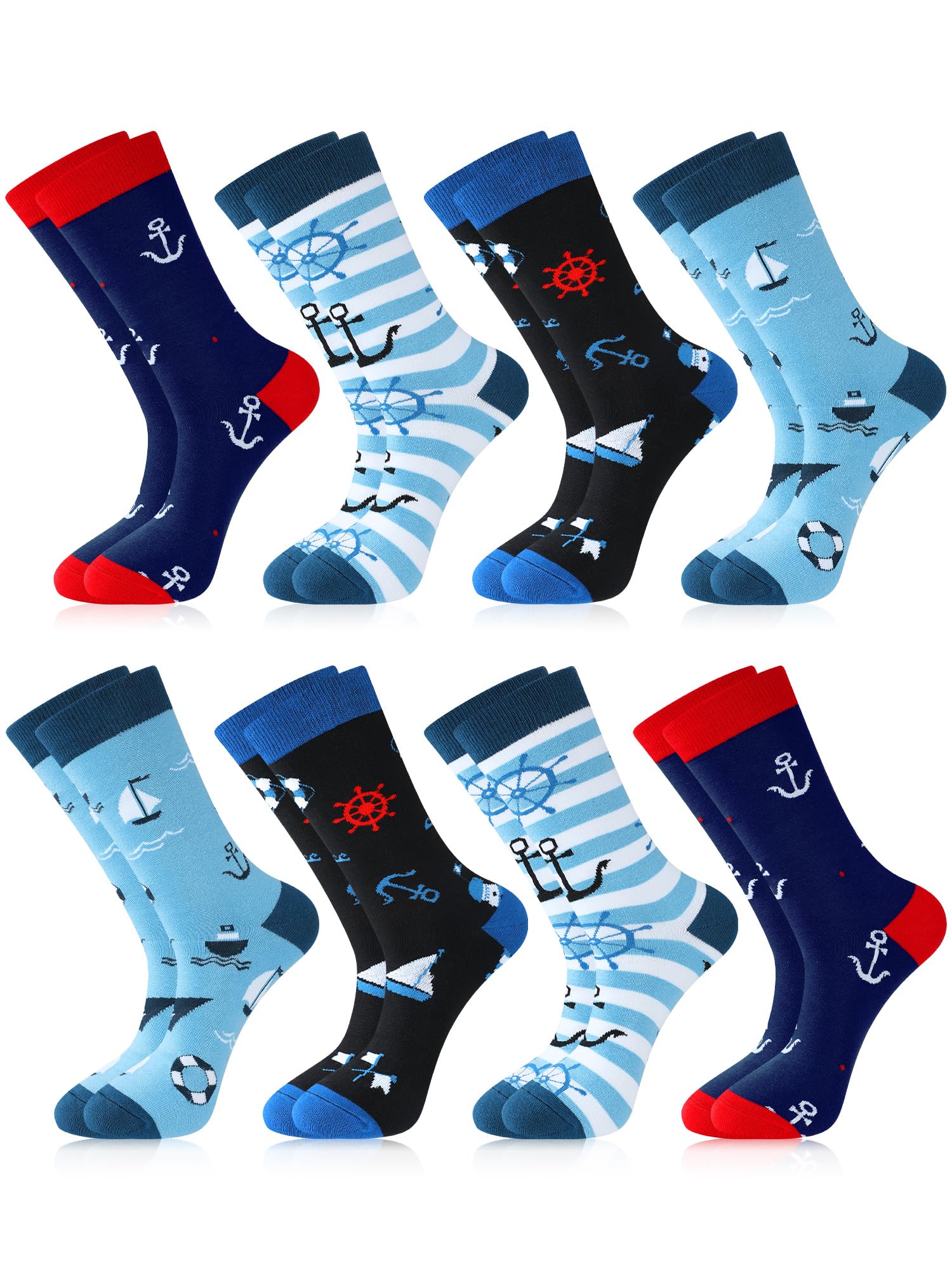 Berlune 8 Pairs Sailing Socks for Men Nautical Ships Boats Socks Cotton ...
