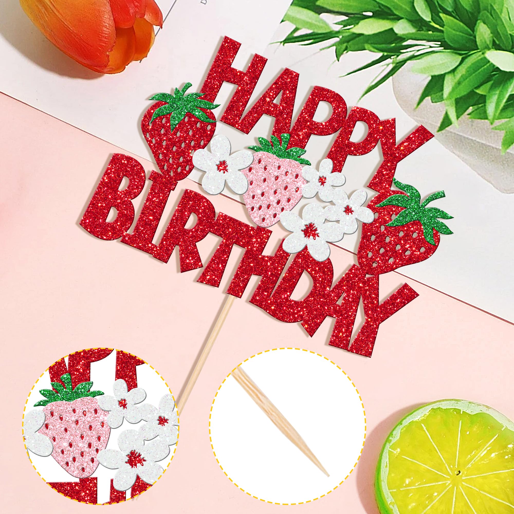 Snapklik.com : 1 PCS Strawberry Happy Birthday Cake Topper Red Glitter ...
