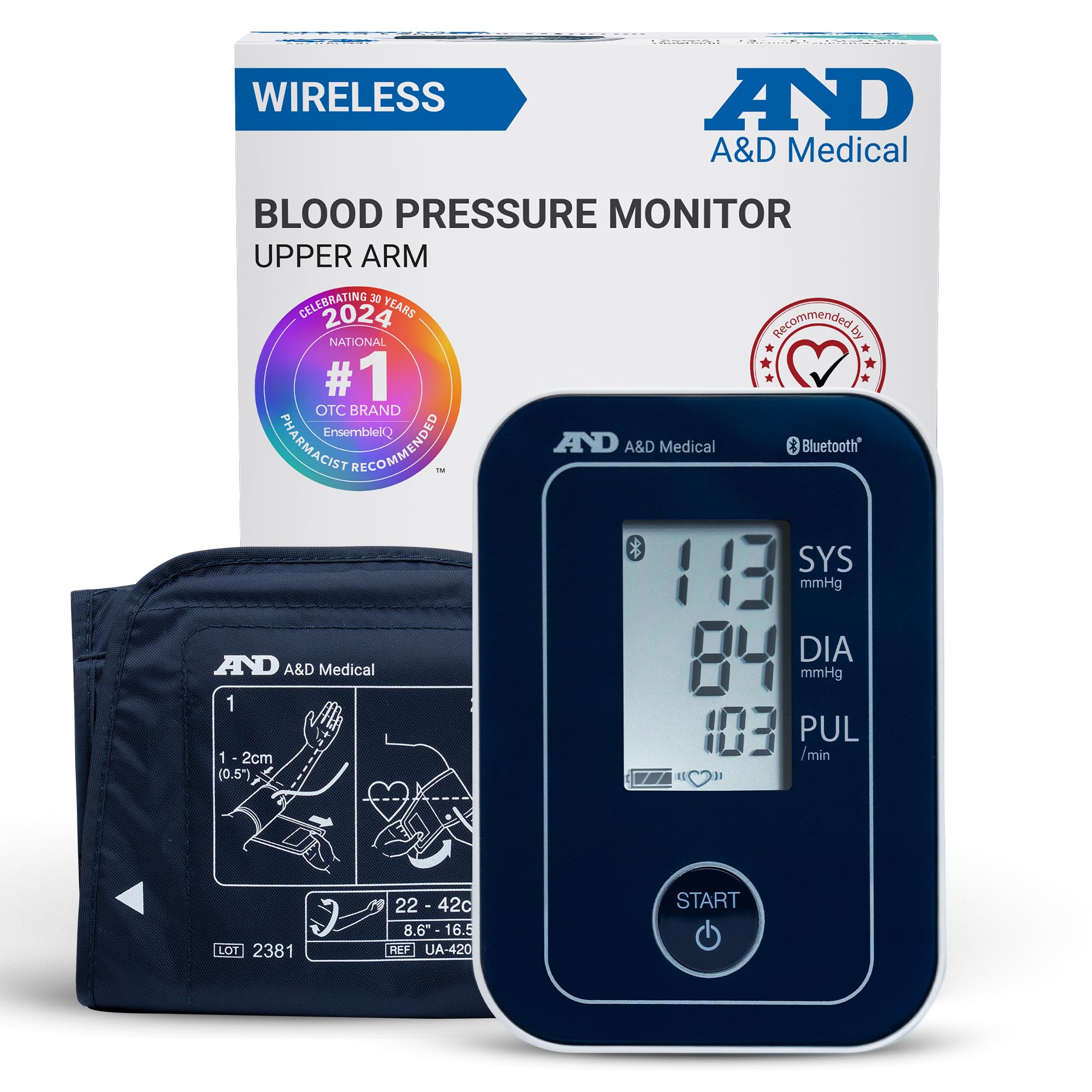 A&D Medical Blood Pressure Machine with Bluetooth, Upper Arm Cuff (22 ...