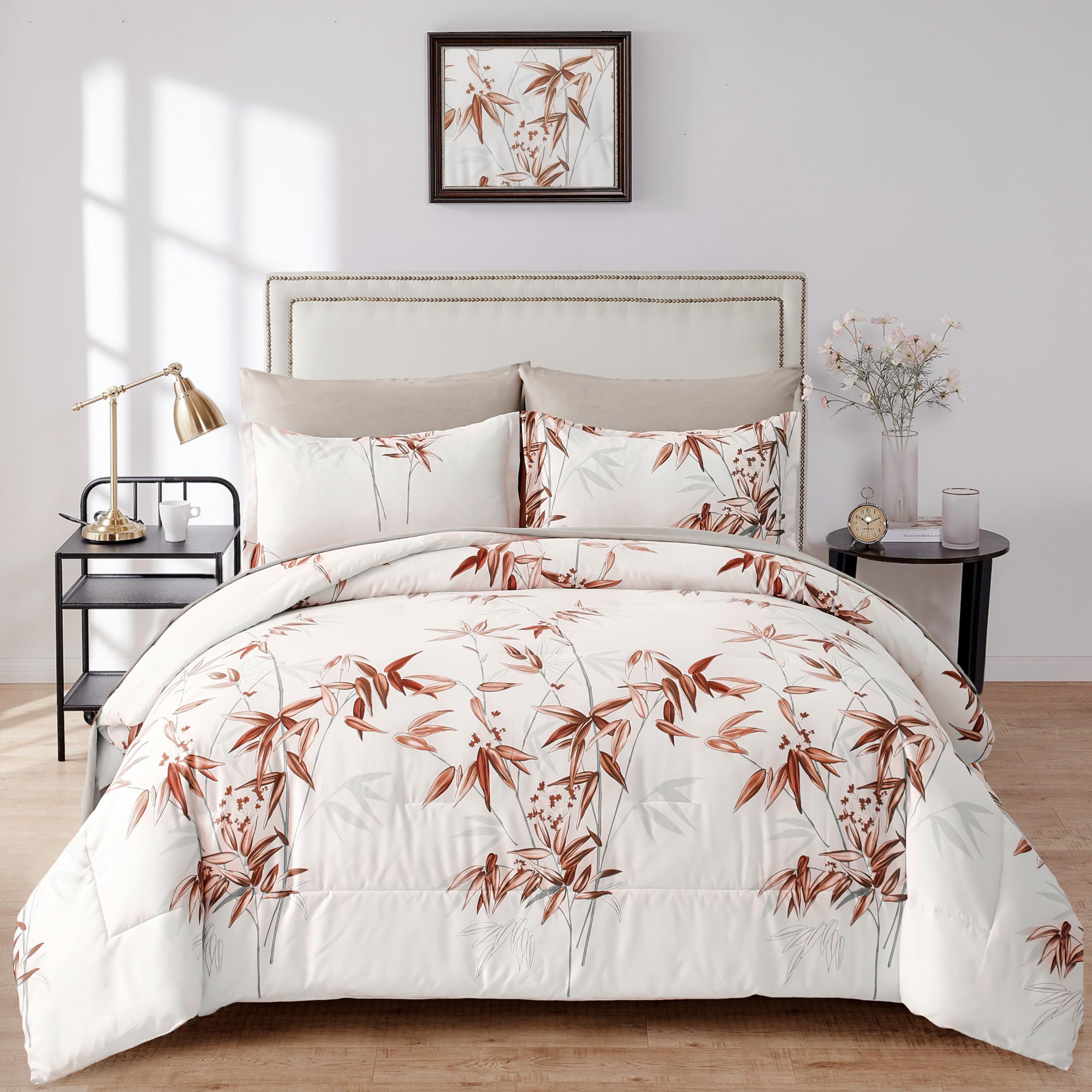 Luxudecor Botanical Comforter Set Queen Size Burnt Orange Leaves on ...