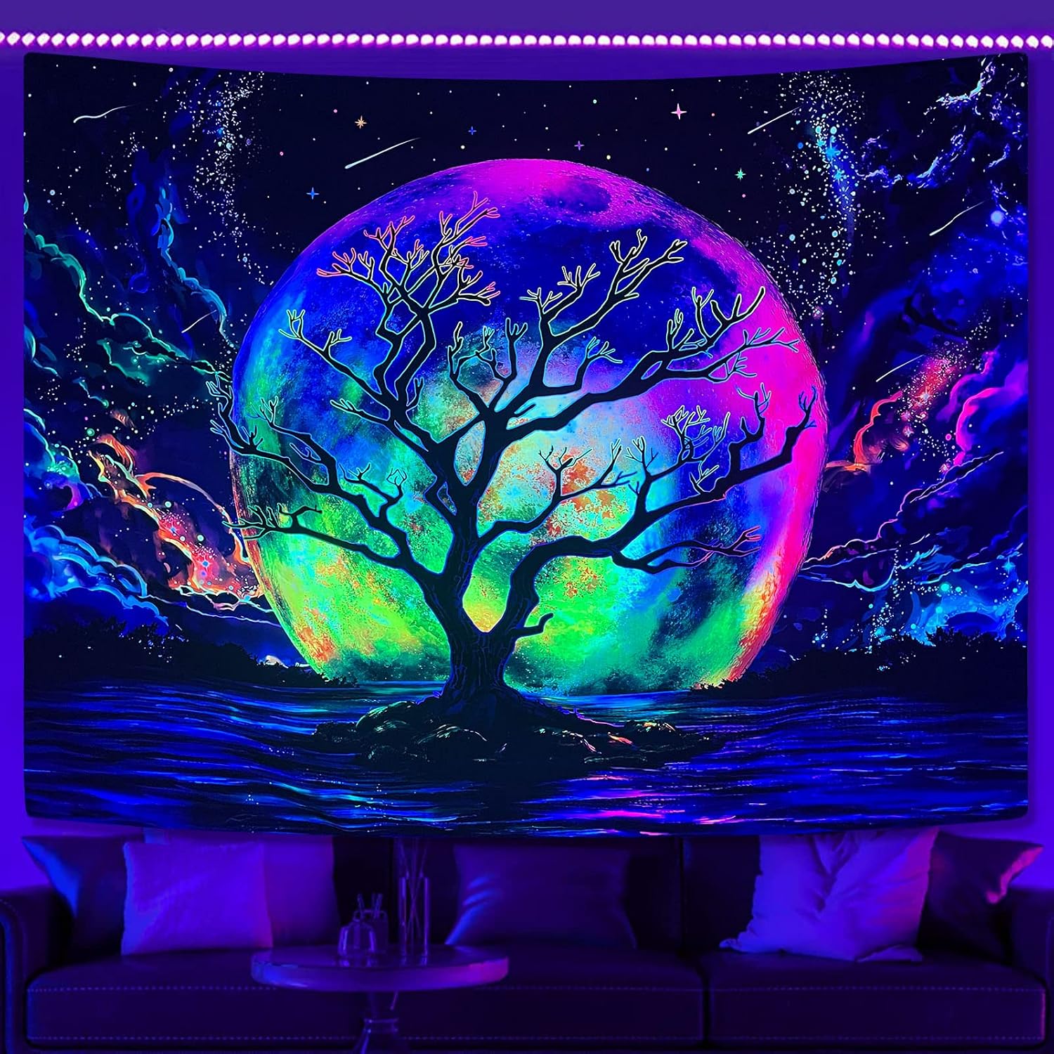 Amazon.com: Faxdong Blacklight Moon Tapestry, UV Reactive Tree Lake ...