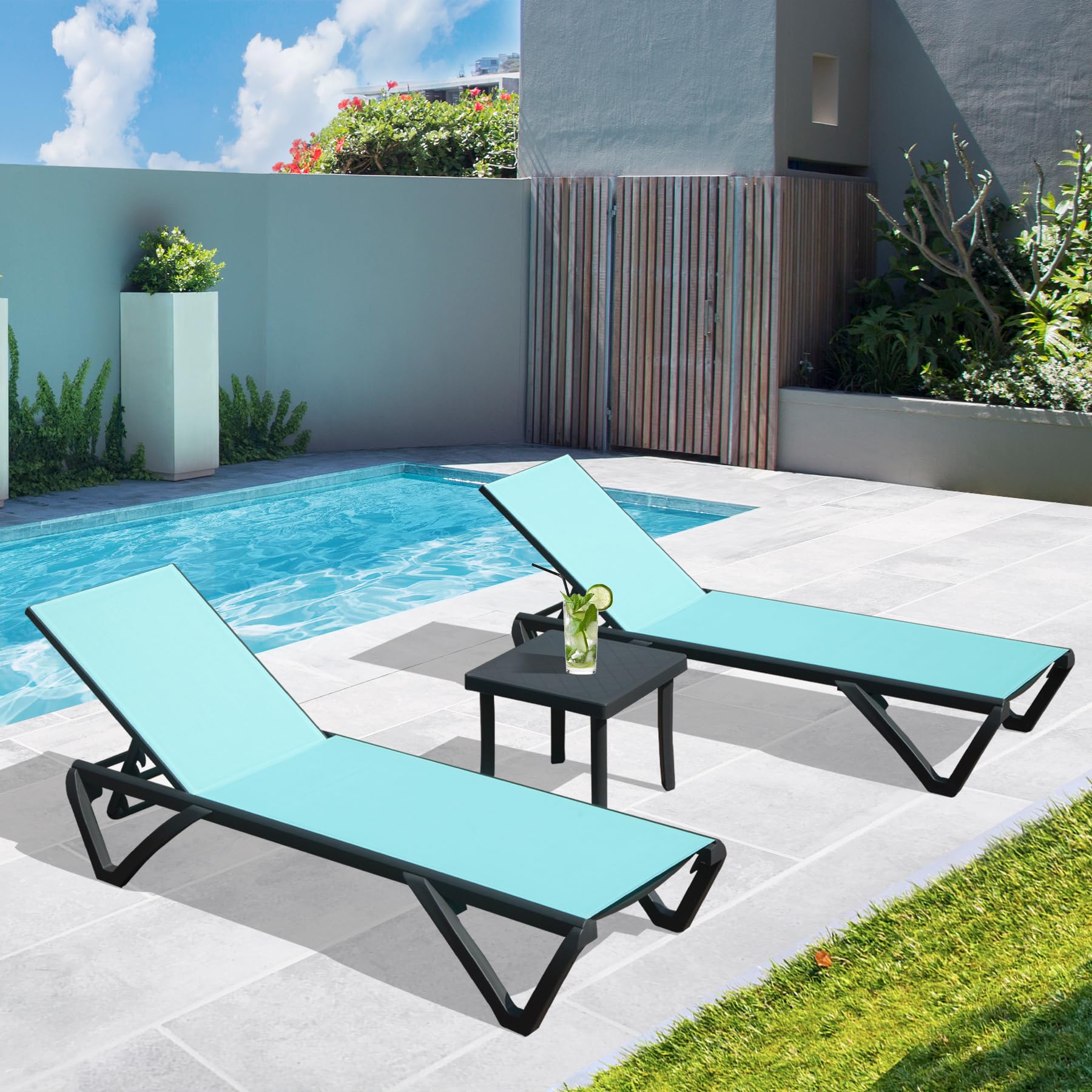 Amazon.com: Domi Patio Lounge Chairs Set of 3, Aluminum Pool Chaise ...