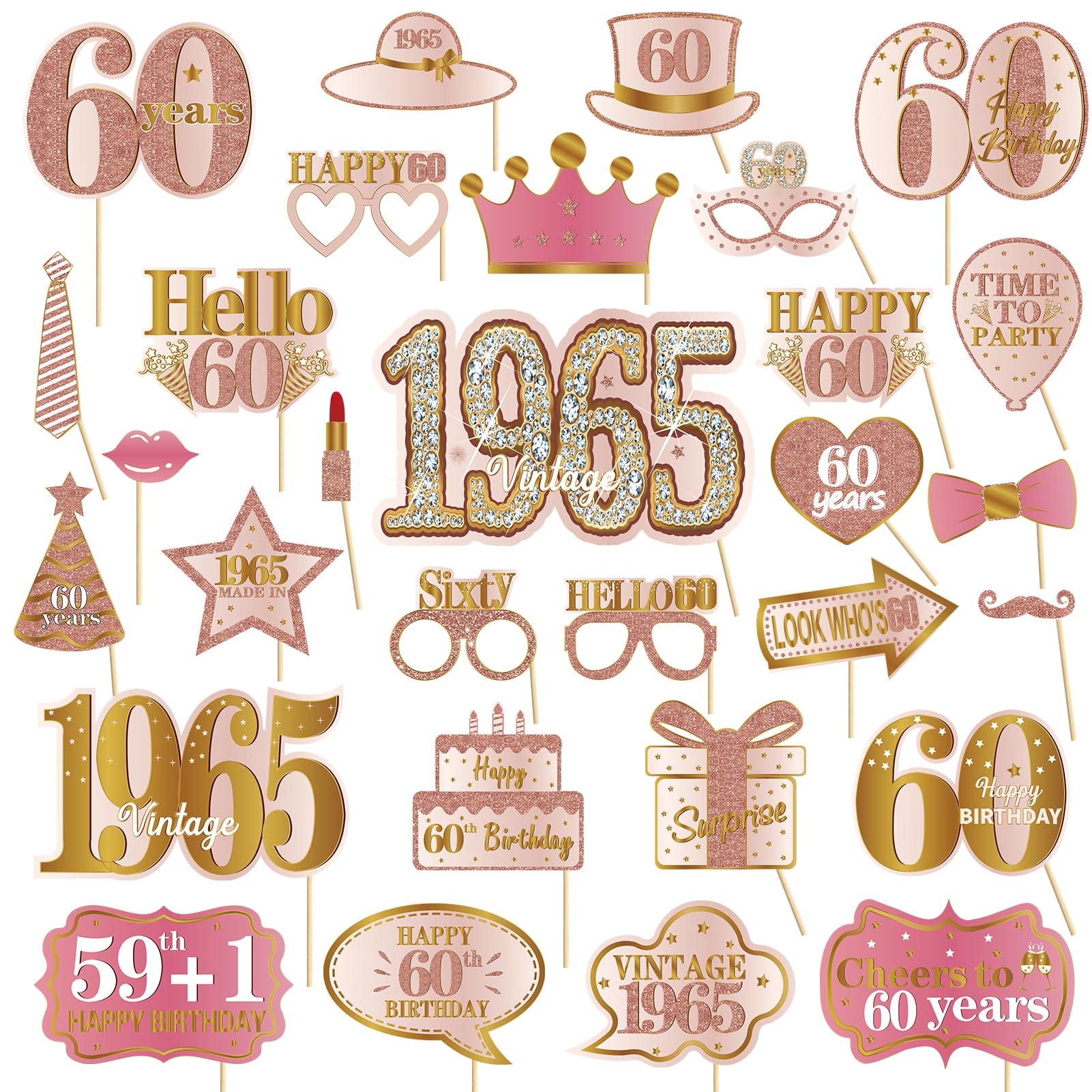 Amazon.com: Kuxriox 30Pcs 60th Birthday Photo Booth Props for Women ...