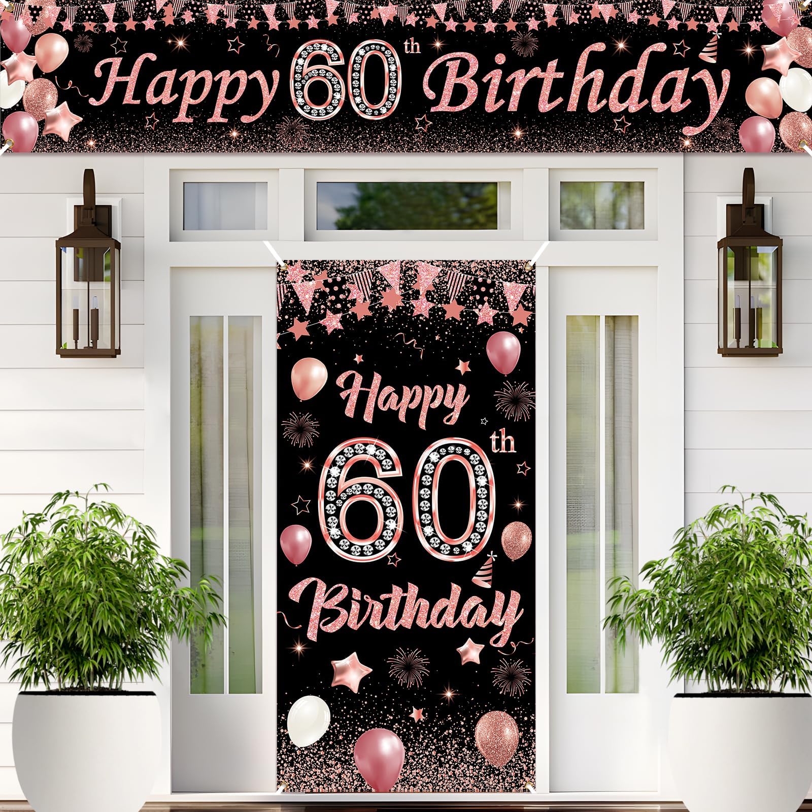 Amazon.com: 2pcs 60th Birthday Door Banner Kit Black Rose Gold Happy ...
