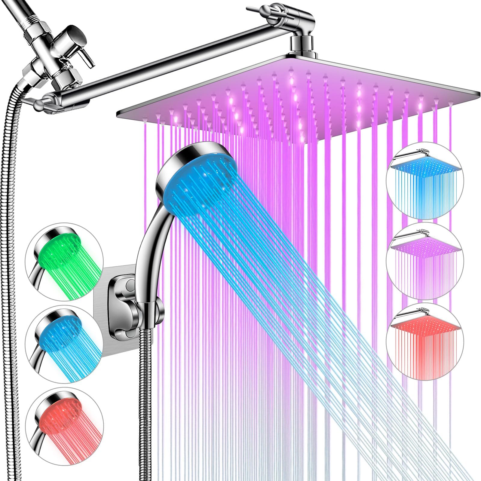 Rain Shower Head with 7 Colors LED Romantic Light, Water-driven ...