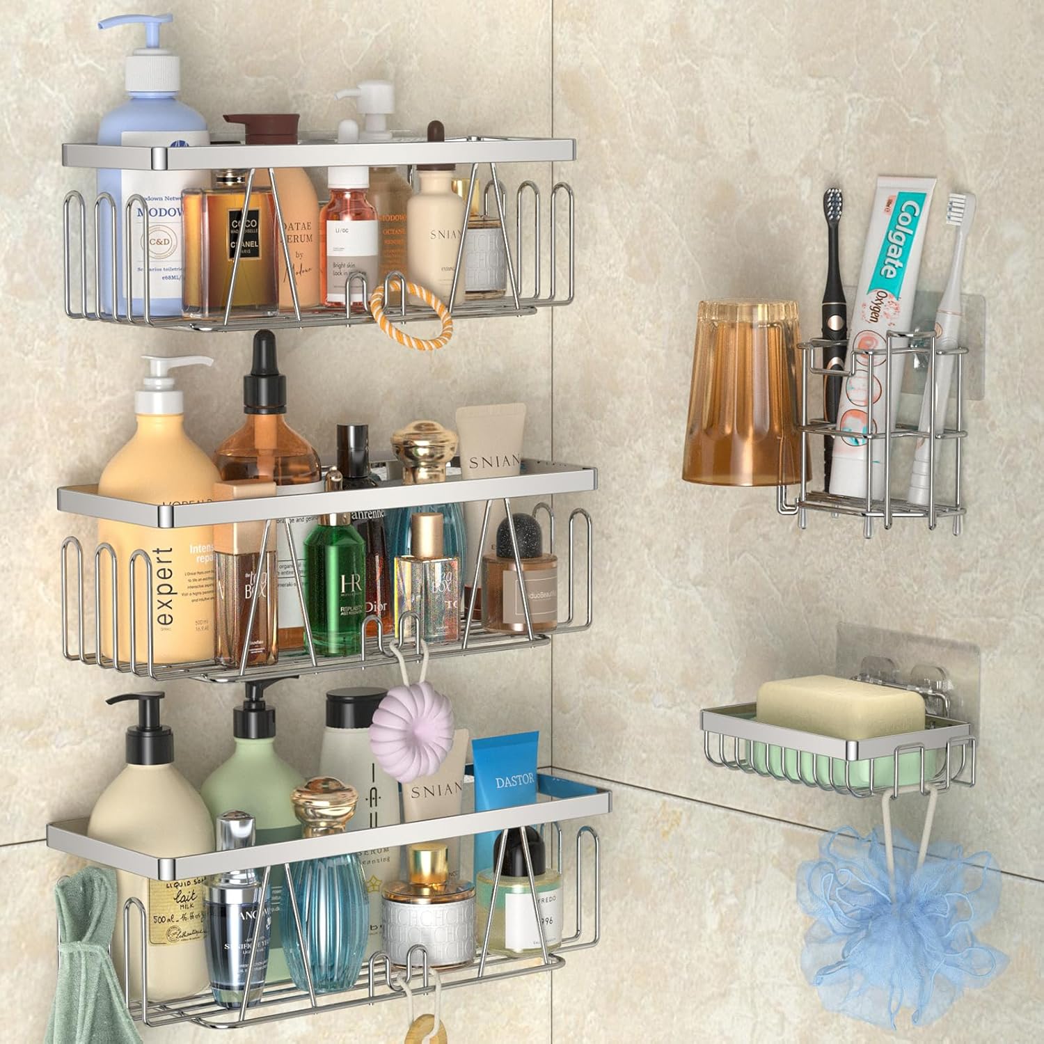 STEUGO Adhesive Shower Shelf, 5 Pack Shower Caddy with Soap Holder and ...