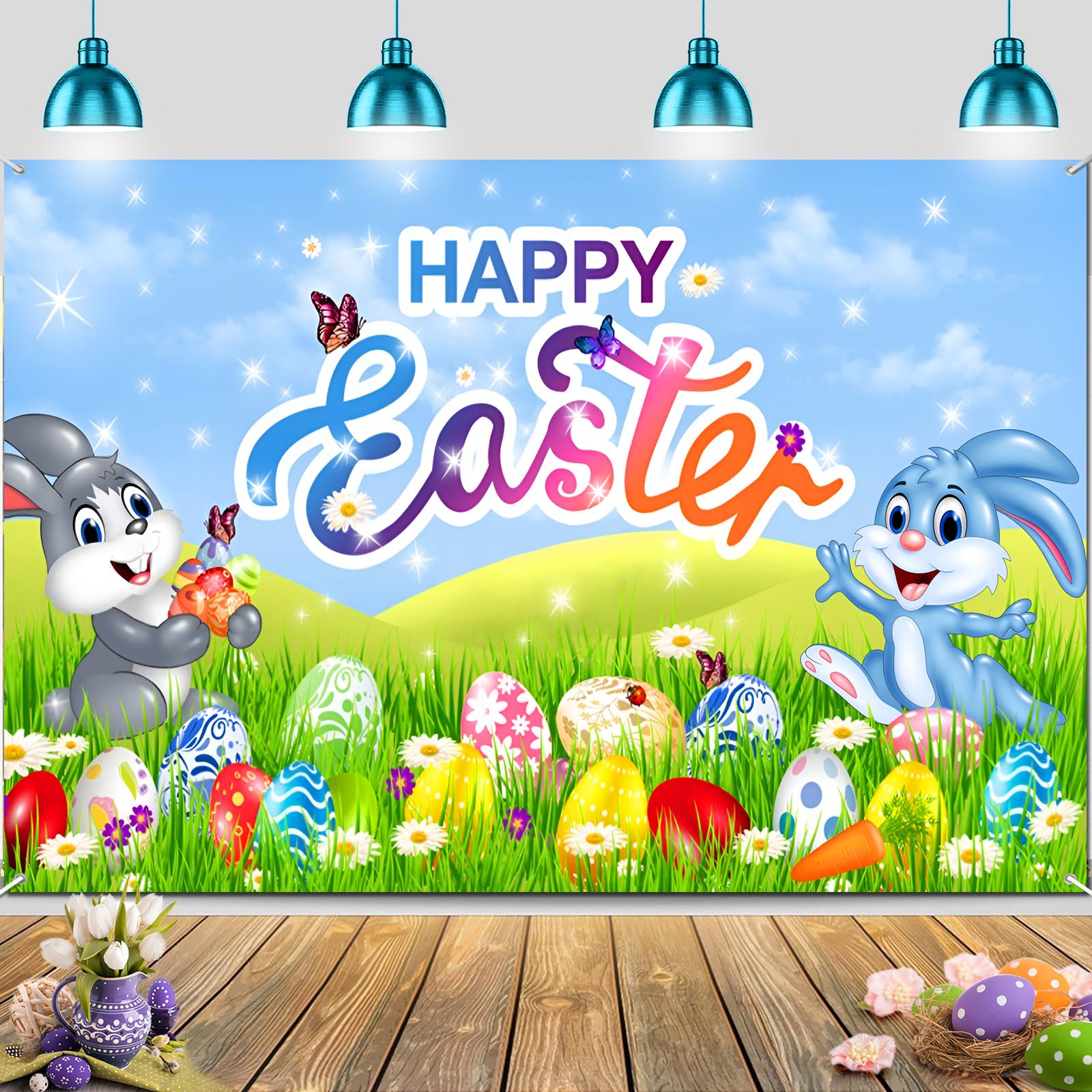 Amazon.com : HiParty Easter Backdrop,Happy Easter Banner, Easter Bunny ...
