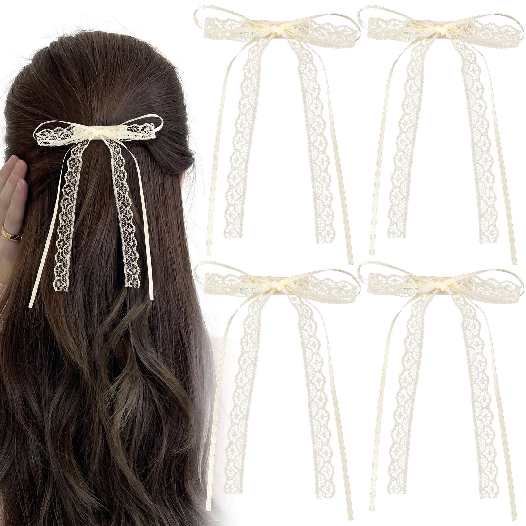 Amazon.com : CustomyLife 4pcs Lace Hair Bow Clips Cute White Ribbons ...