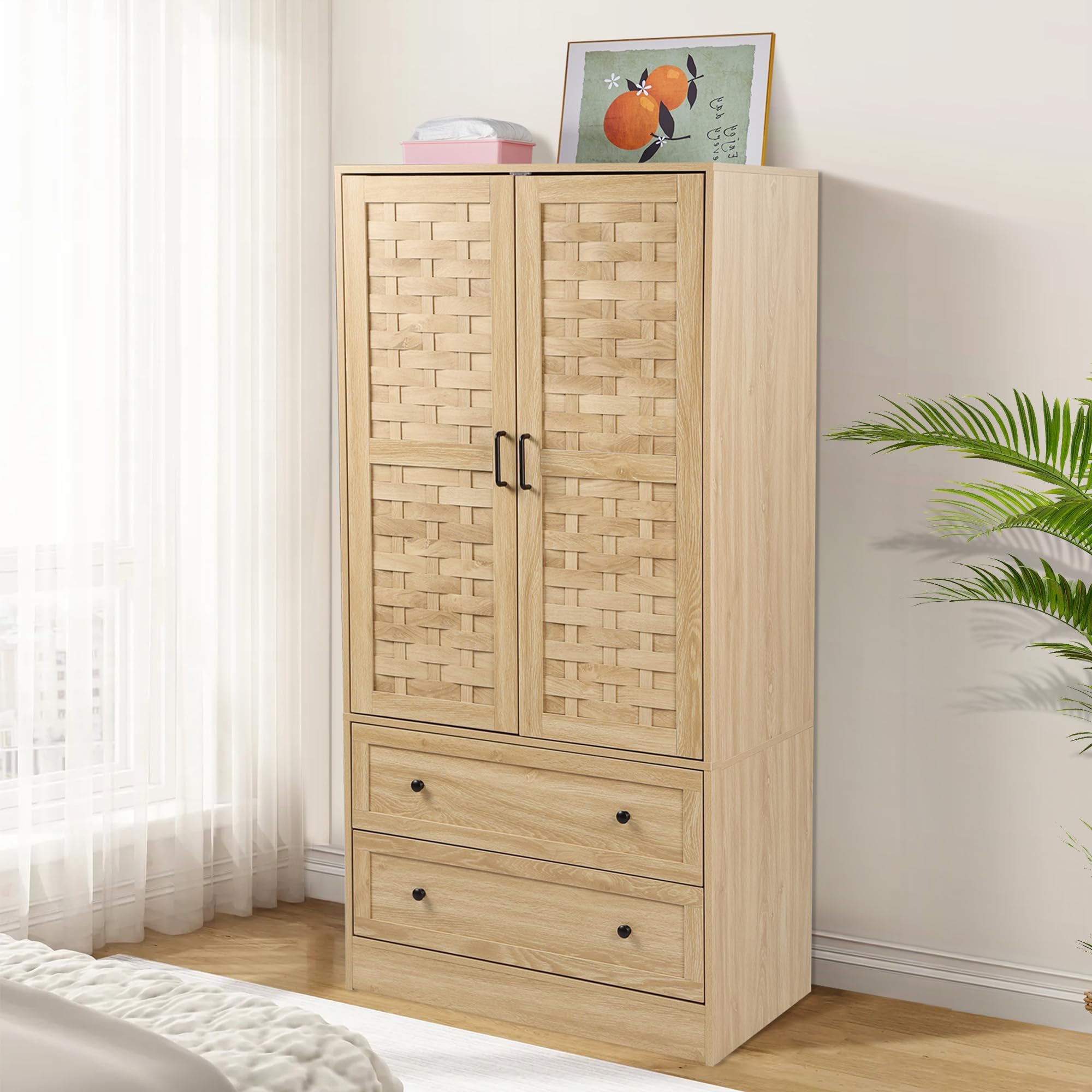 Amazon.com: Pine Wood Closet with Rattan Doors and Two Drawers (Natural ...