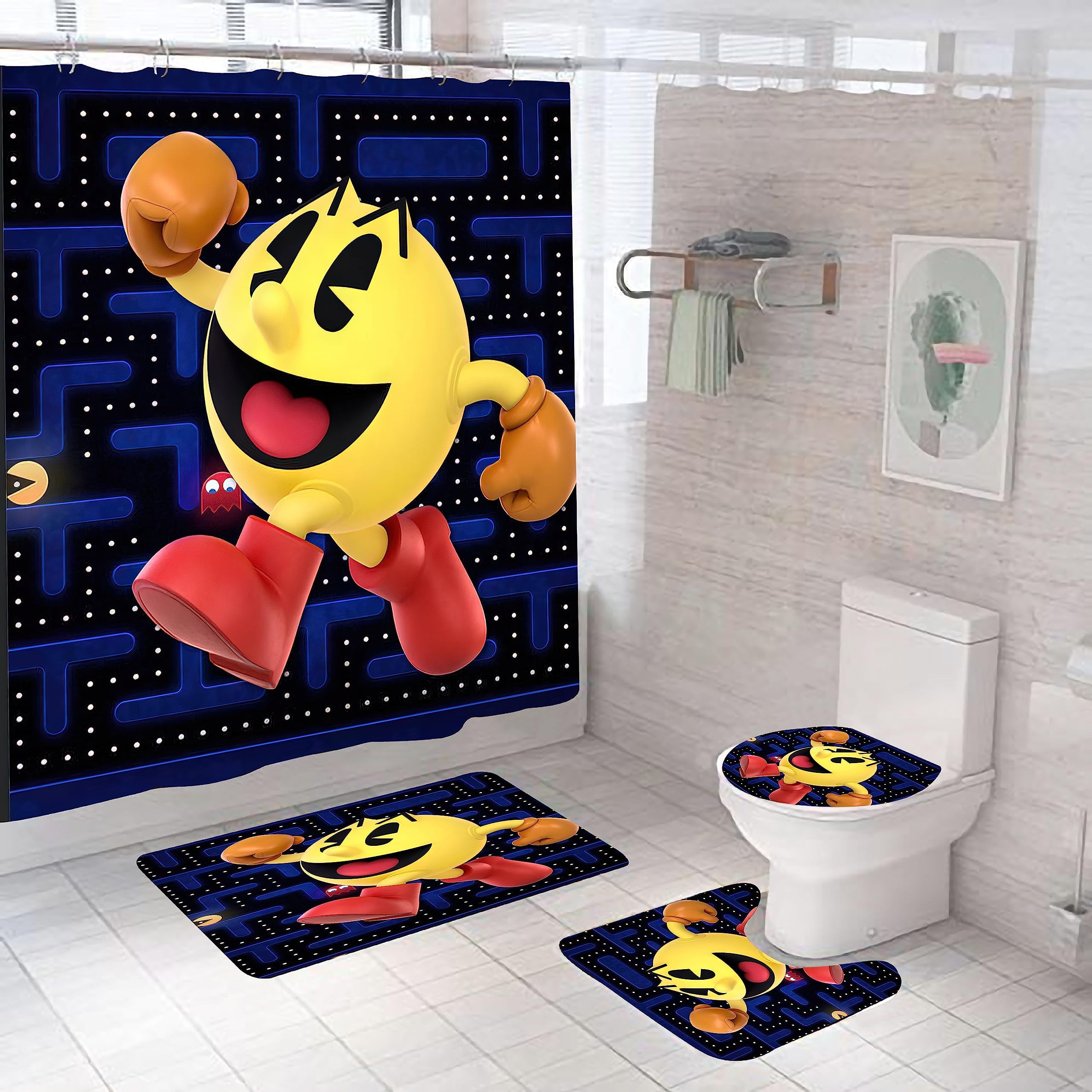 Amazon.com: Frameless Pacman Bathroom 4 Pieces Set Shower Curtain ...