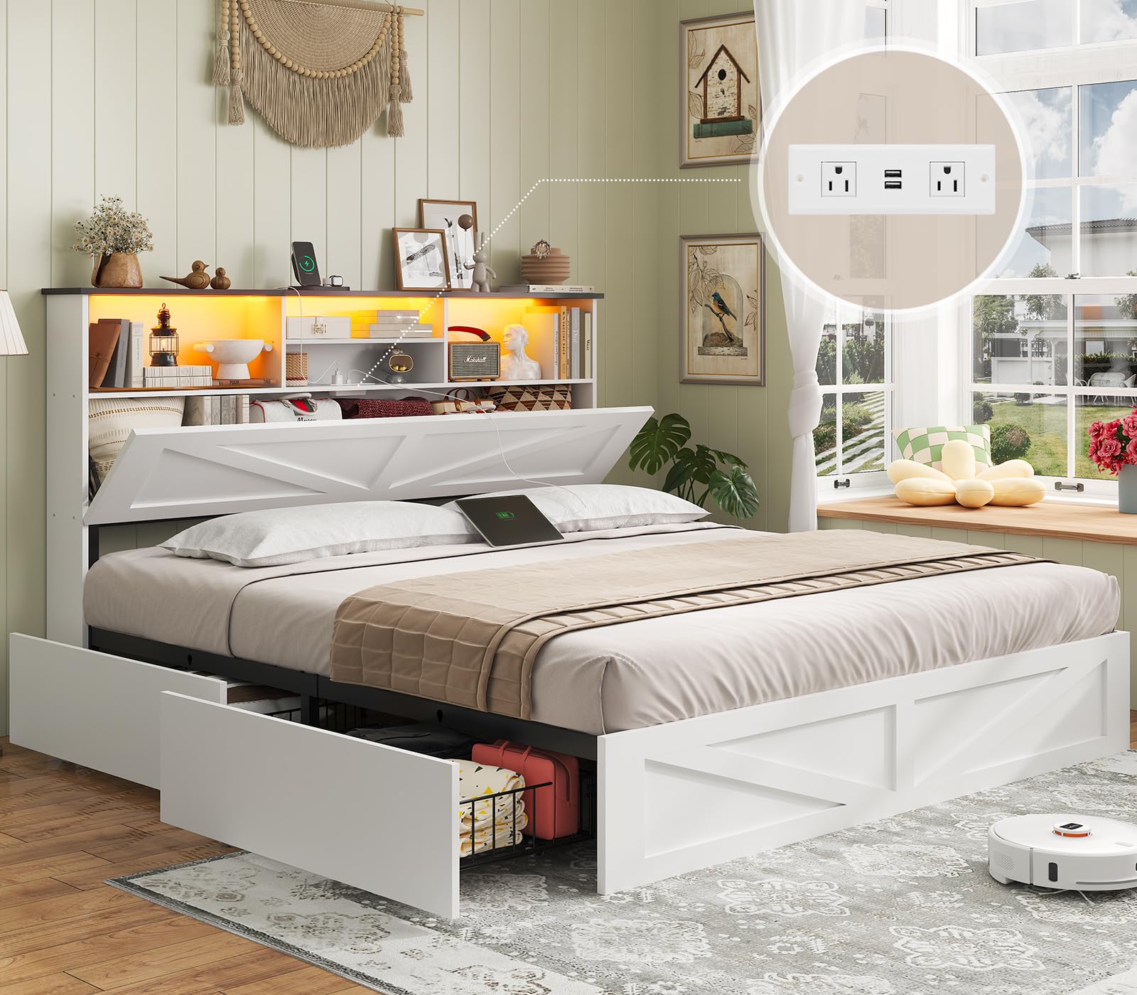Amazon.com: AOGLLATI Farmhouse Bed Frame Full Size with 4 Storage ...