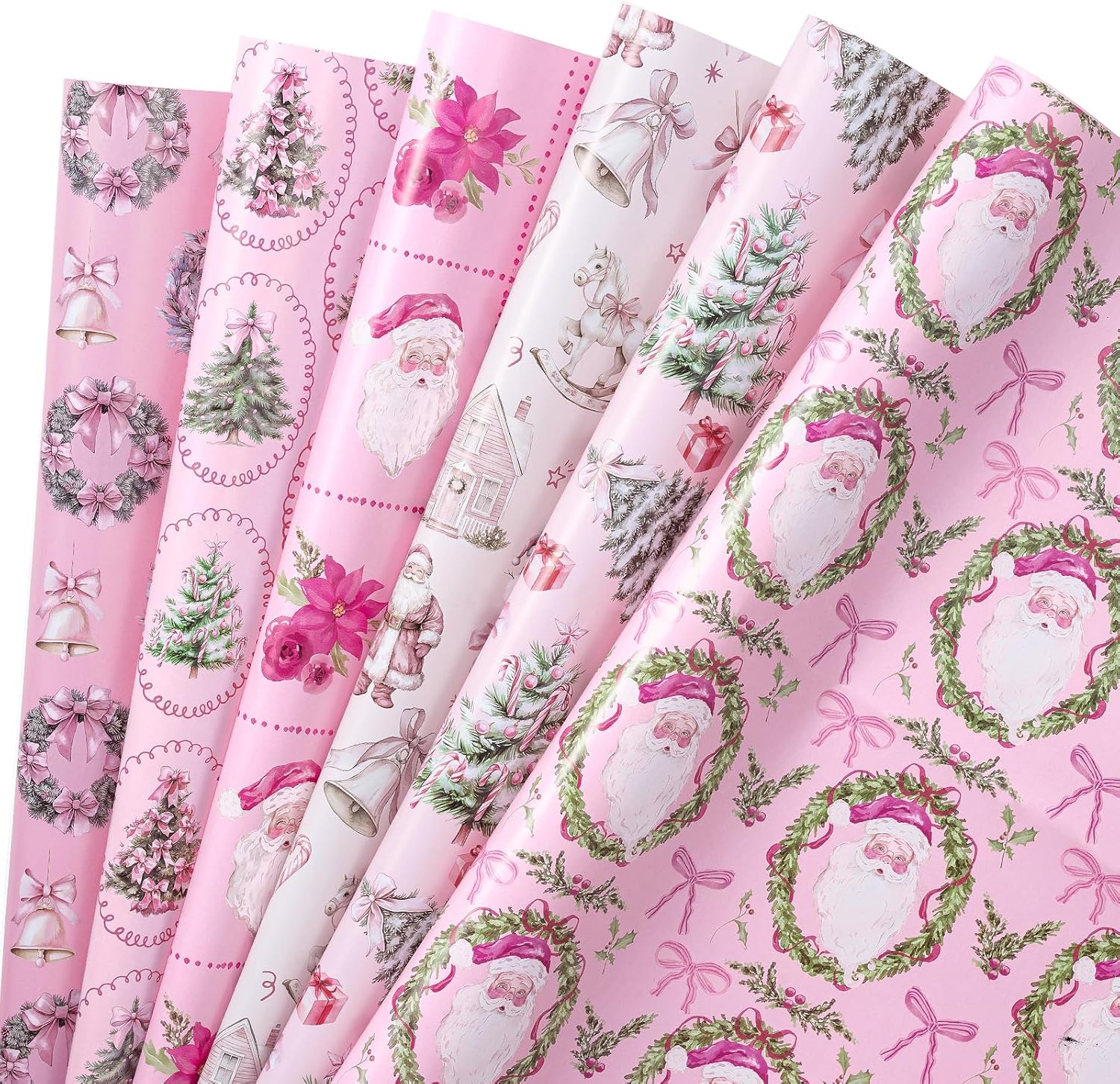 RUSPEPA Christmas Wrapping Paper Sheets for Girls, Pink Vintage Santa ...