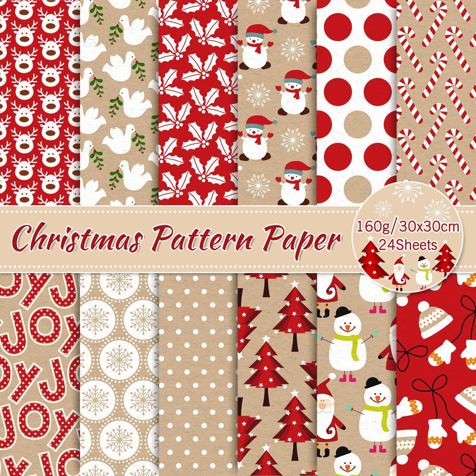 Amazon.com : Whaline 24 Pack Christmas Pattern Paper 30x30cm Kraft Red ...