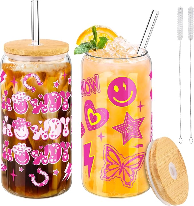 Amazon.com: Kochorie 2 Sets Preppy Smile Glass 16 Ounce Western Cowgirl ...