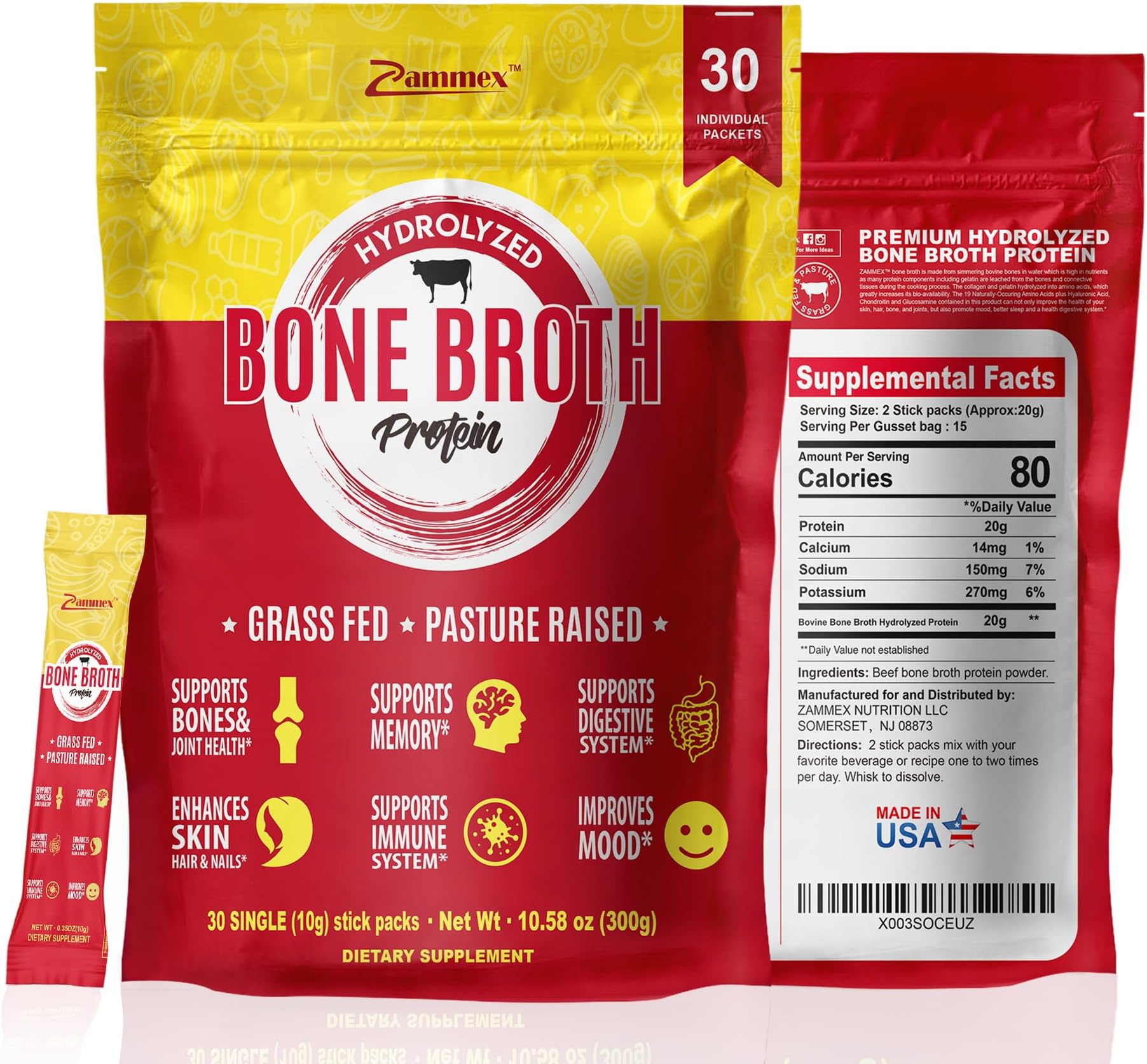 Amazon.com: Zammex Bone Broth Packets + Bone Broth Protein Powder 300g ...