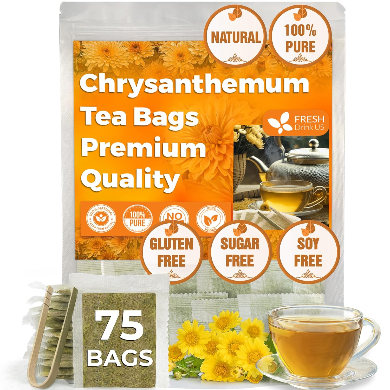 Amazon.com : FreshDrinkUS Premium 75 Chrysanthemum Flower Tea Bags, 100 ...