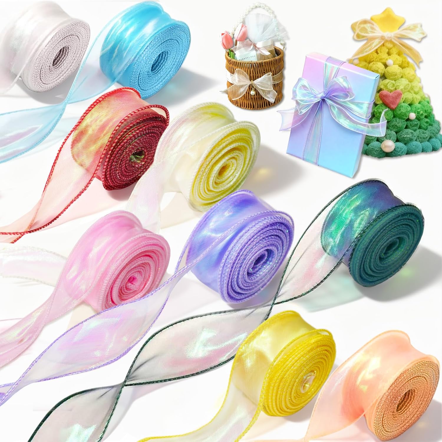 9 Rolls Organza Ribbon 40 mm x 9 m Chiffon Ribbon Shimmering Ribbon ...
