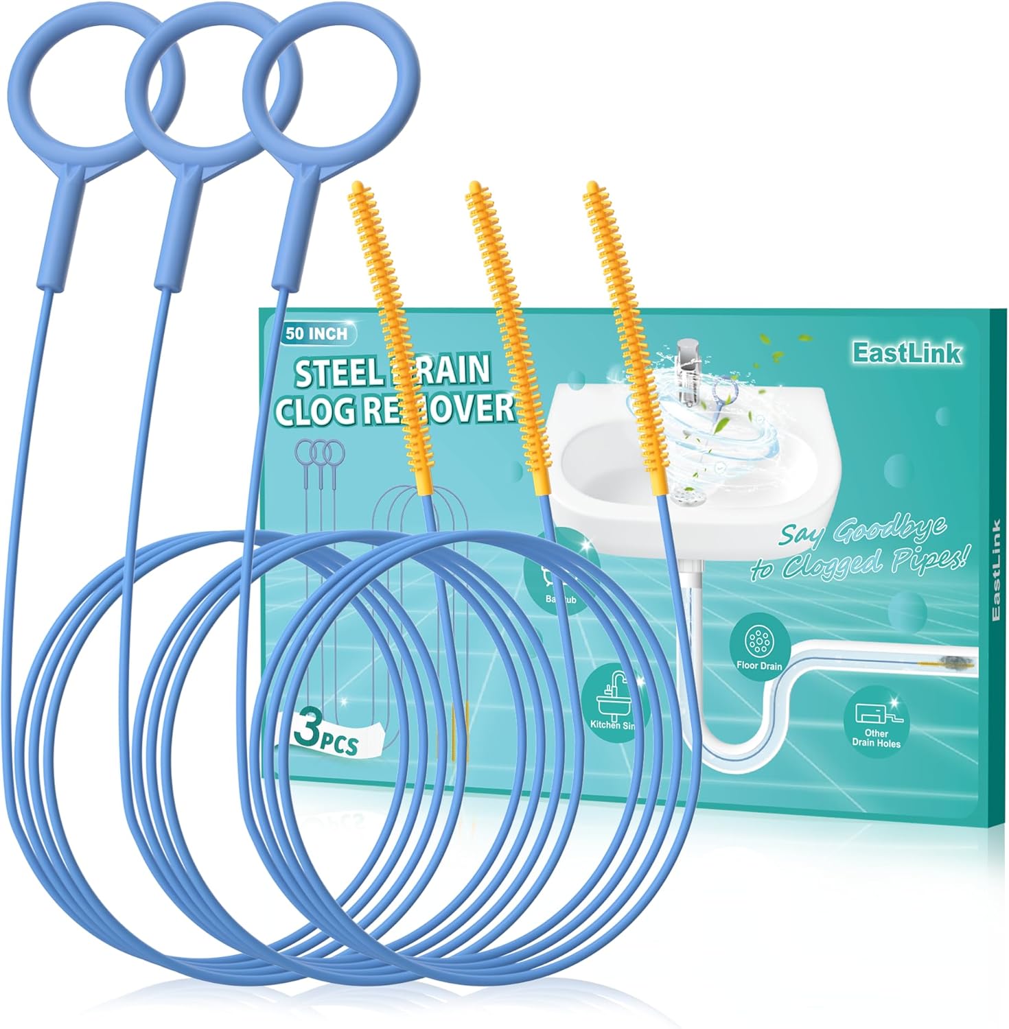 EastLink 50 Inch Extra-Long Drain Snake 3 Pack, Reusable Sink Snake ...