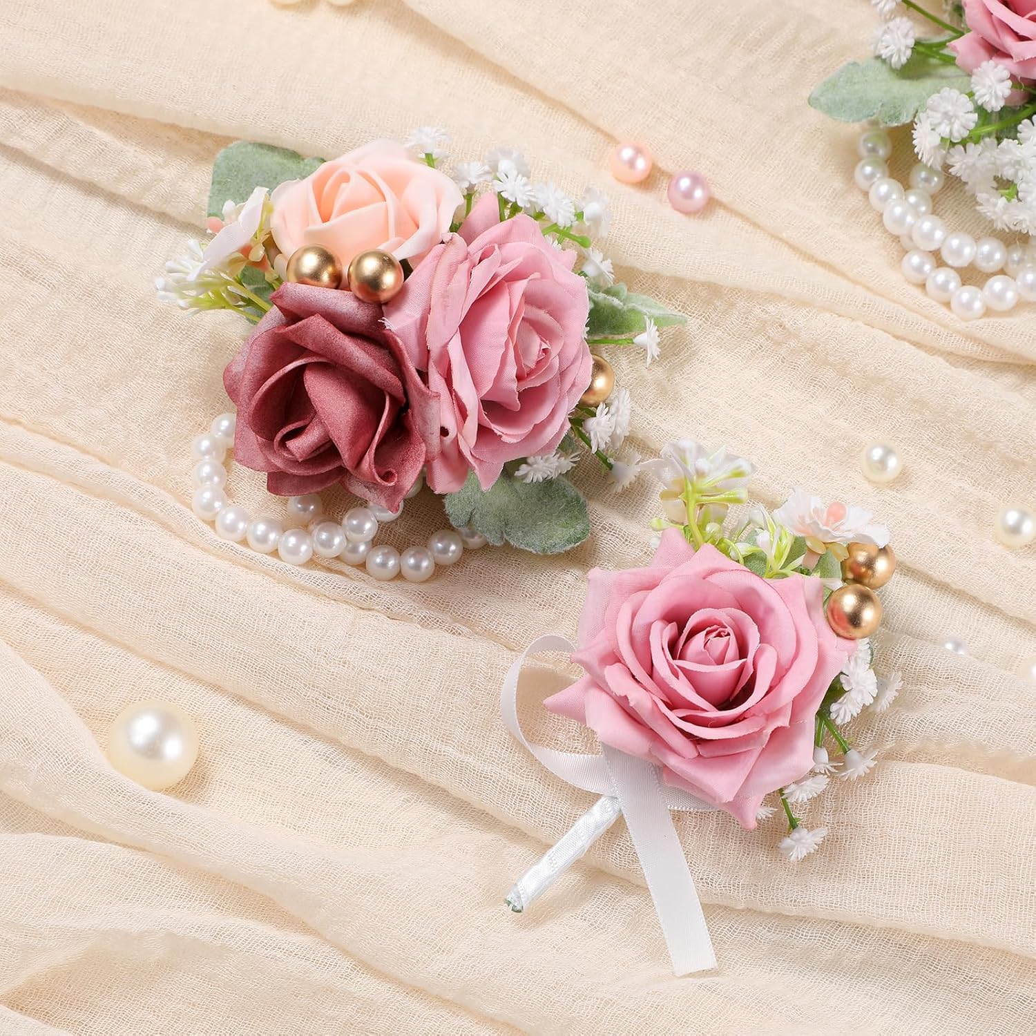 Amazon.com: MYXUANFA 2PCS Pink Rose Wrist Corsage and Boutonniere Set ...