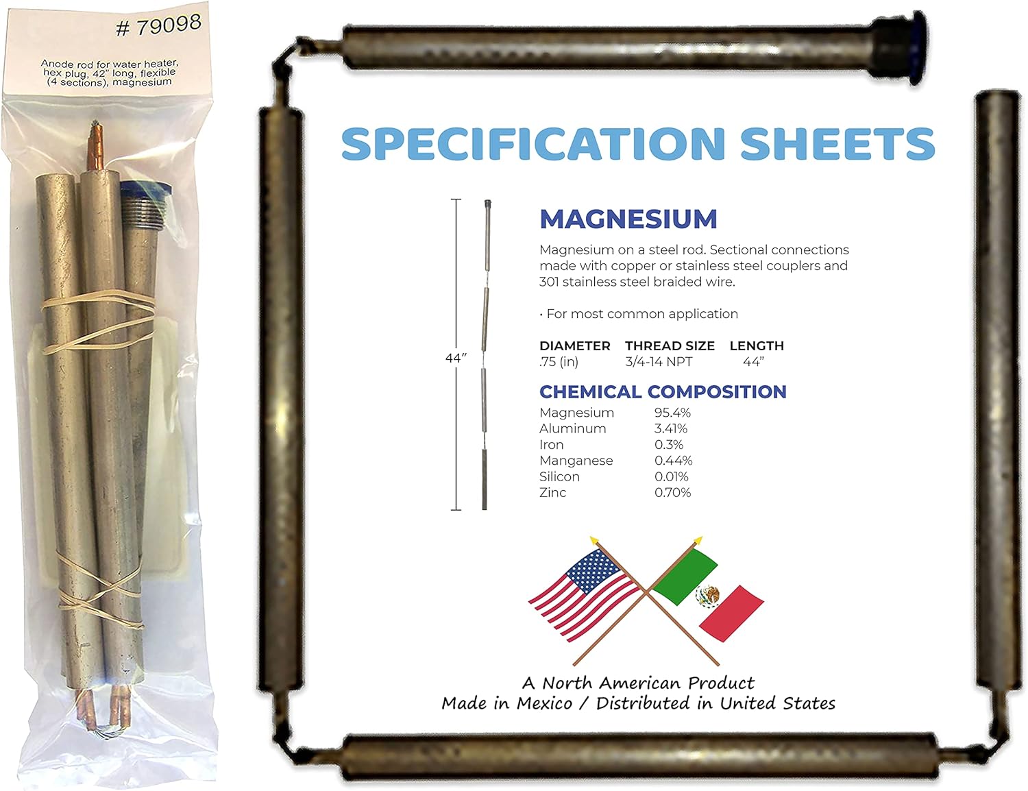 Blue Lightning Magnesium Flexible Anode Rod, Hex Plug, 44" - Water ...