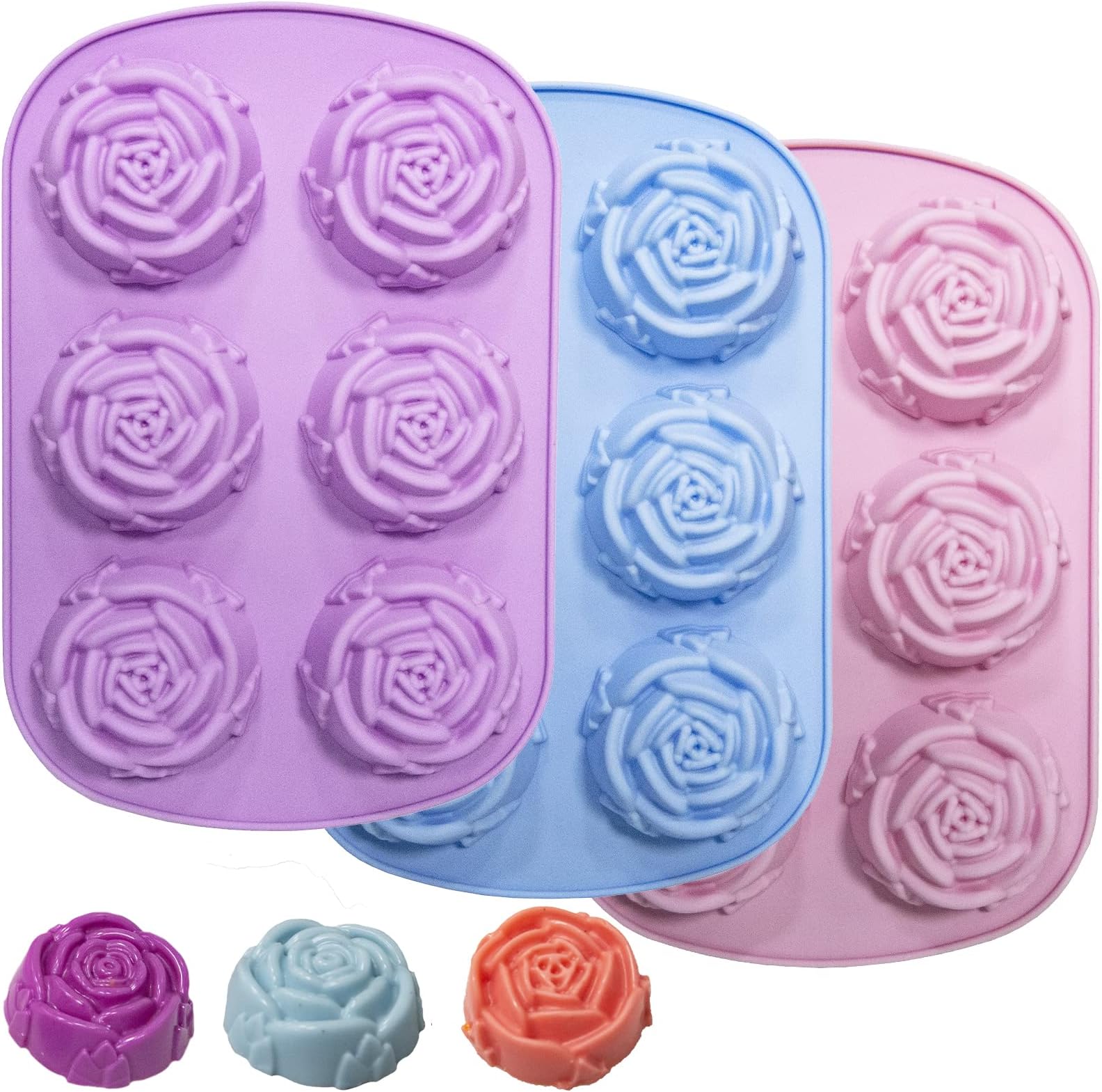 Amazon.com: 3 Pack Flower Soap Molds Silicone 6 Cavities Rose Flowers ...