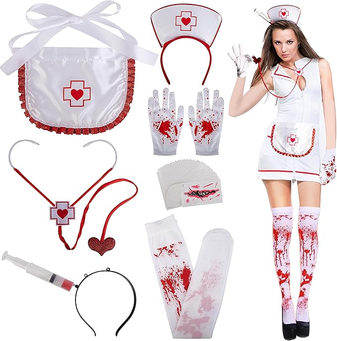 Amazon.com: Watayo Halloween Bloody Nurse Costume Set- Nurse Hat Apron ...