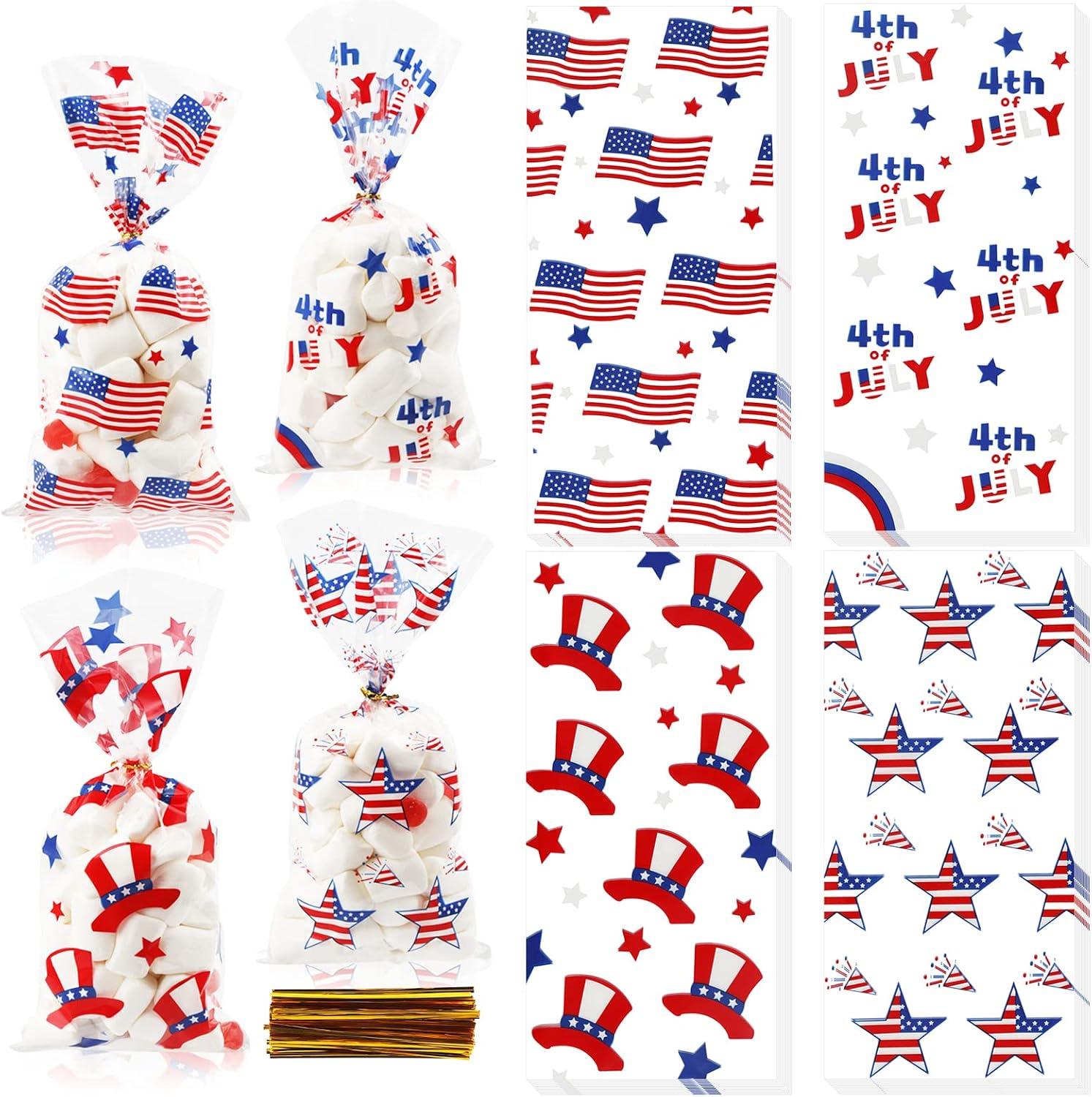 Amazon.com: 200Pcs 4th of July Cello Bags 4 Design Patriotic Stars ...