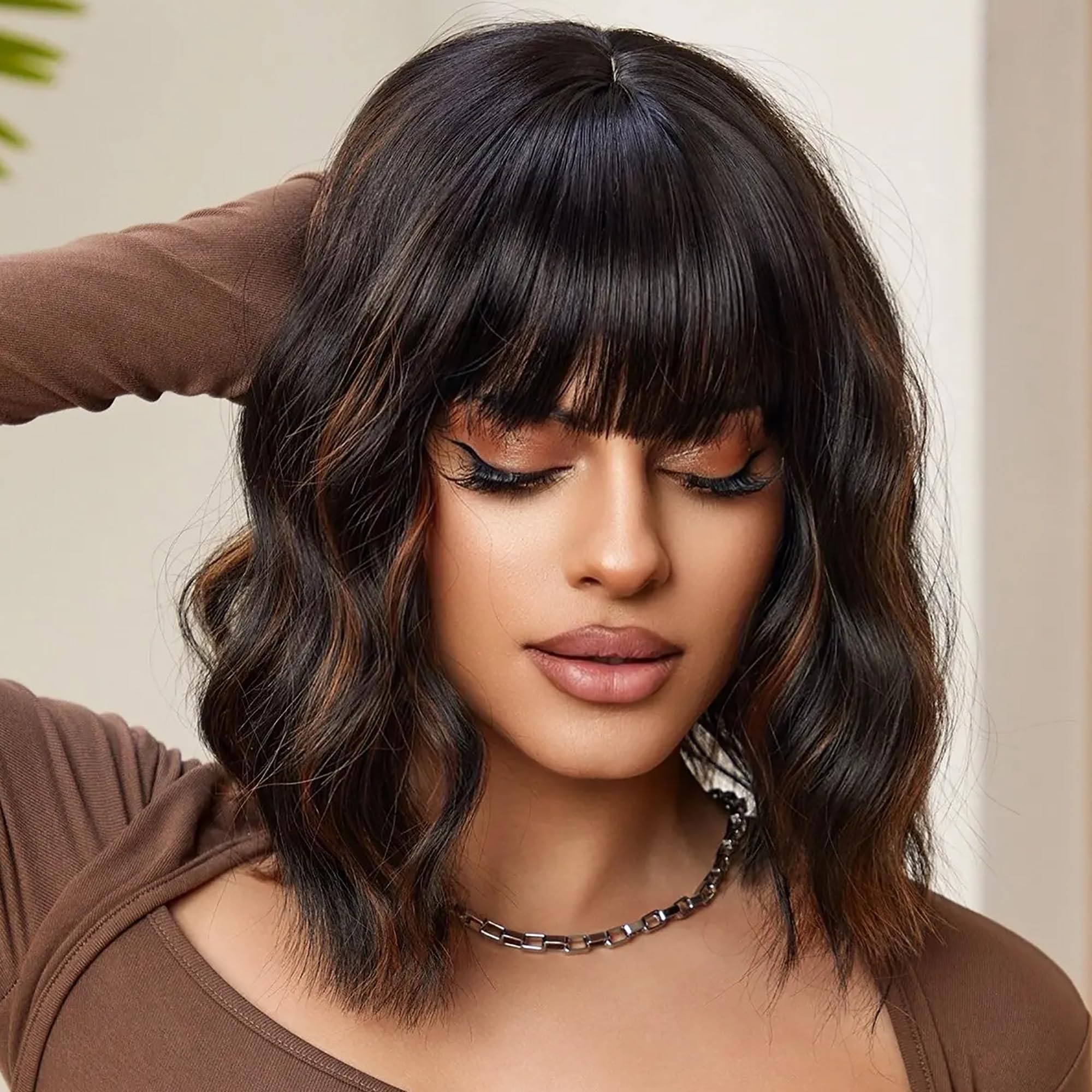 Amazon.com : Miuric Black Mixed Brown Short Curly Wavy Wig with Bangs ...