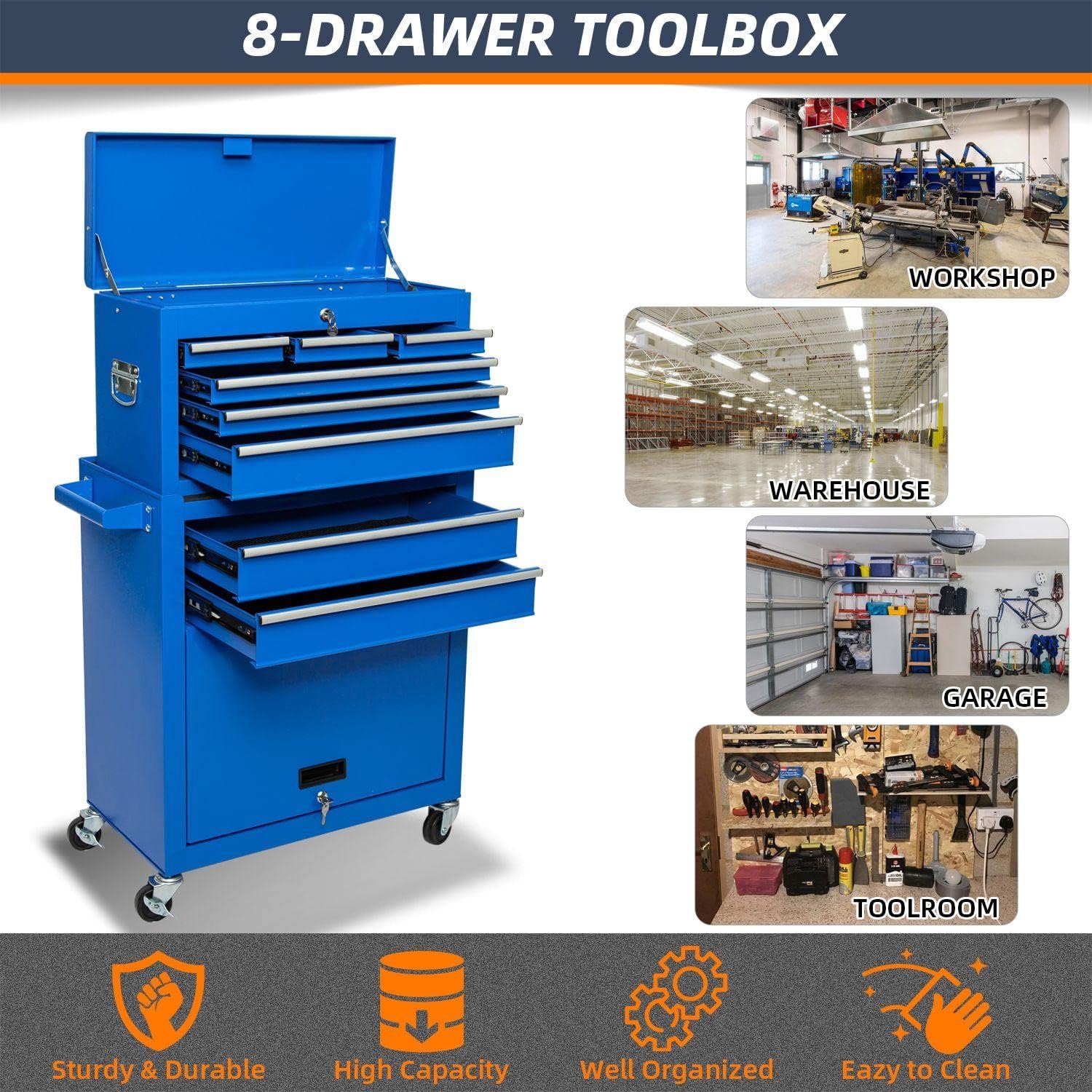 Buy 8-Drawer Rolling Tool Chest, High Capacity Tool Cabinet&Tool Box ...
