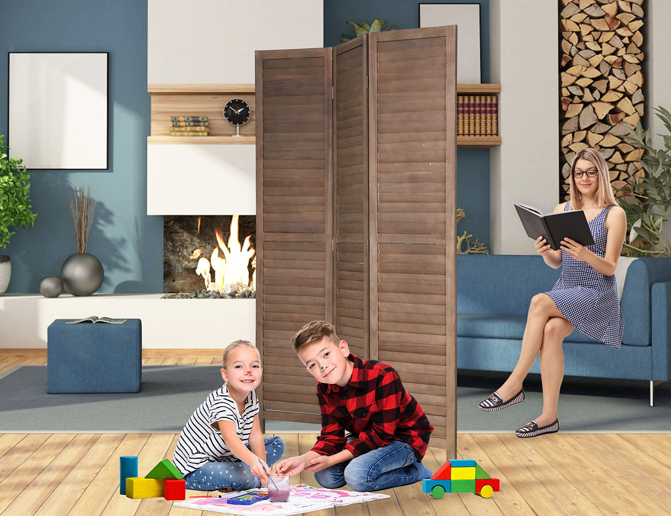 Buy 3 Panel Wood Room Dividers and Folding Privacy Screens, 5.64 Ft ...