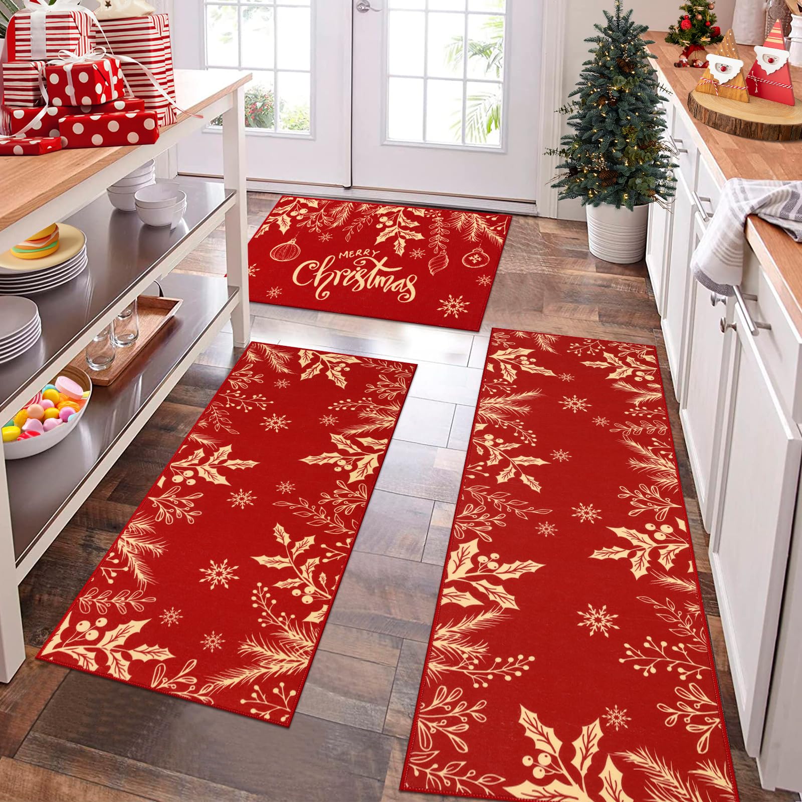 Amazon.com: Pauwer Christmas Kitchen Rugs Sets of 3, Christmas Flowers ...