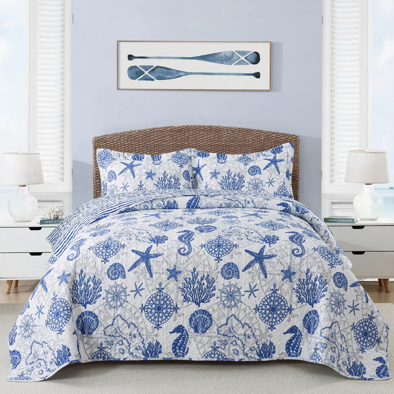Beachy Quilts Pebble Beach 7 Pc Coastal Comforter Bed Set By Madison