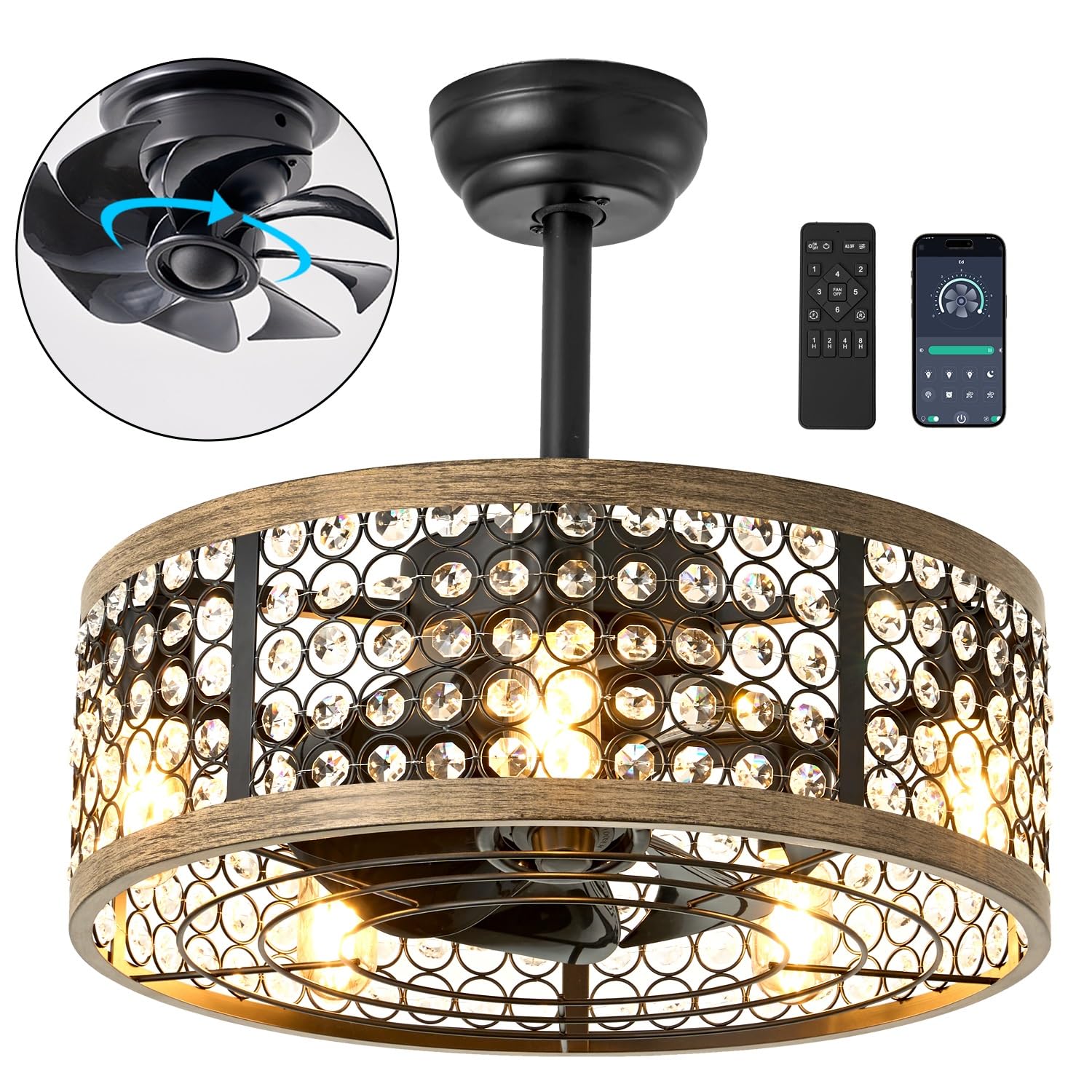SUKACI Caged Ceiling Fan with Light: Farmhouse Flush Mount Ceiling Fans ...