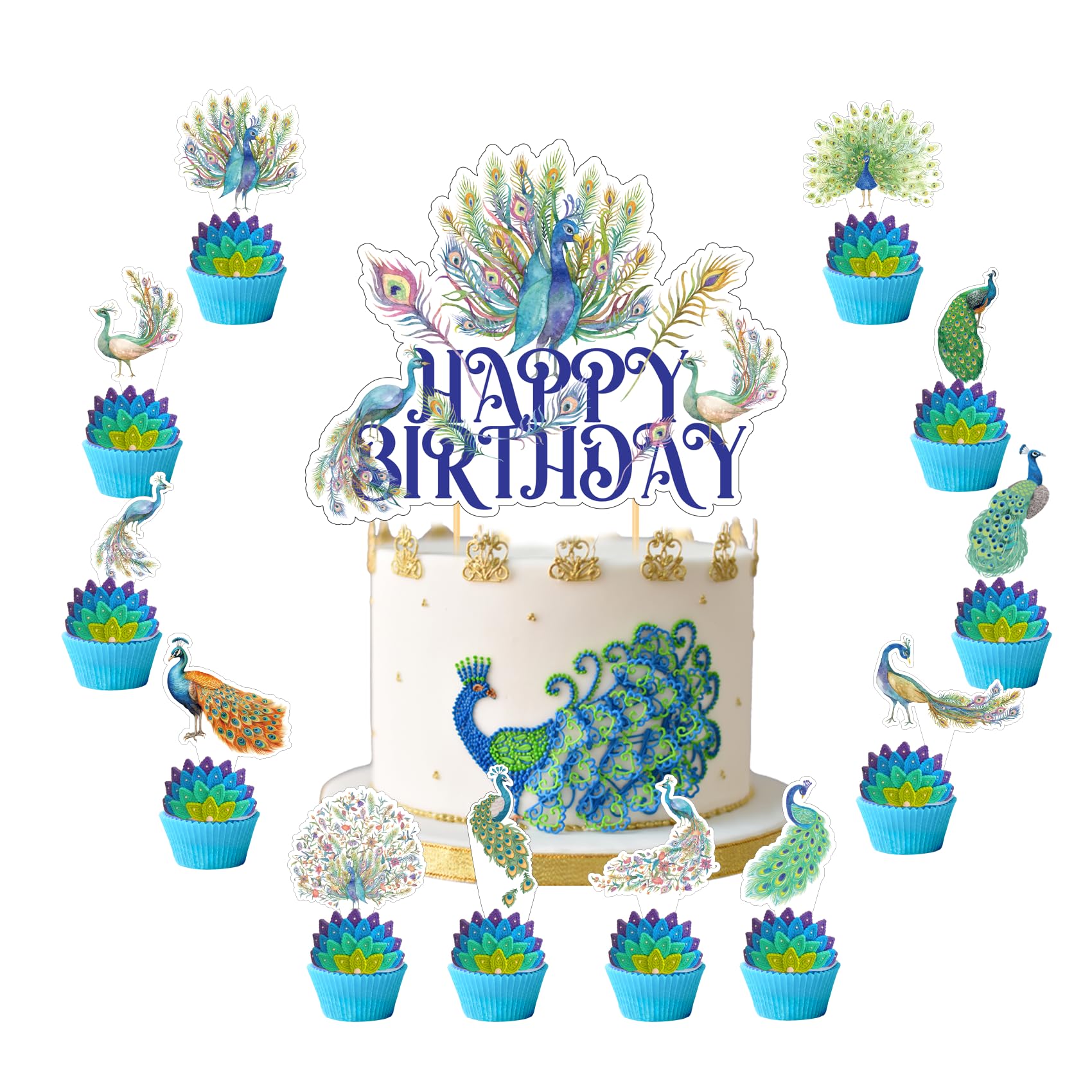 Amazon.com: 25 Pcs Peacock Cake Topper Cupcake Toppers Peacock Cake ...