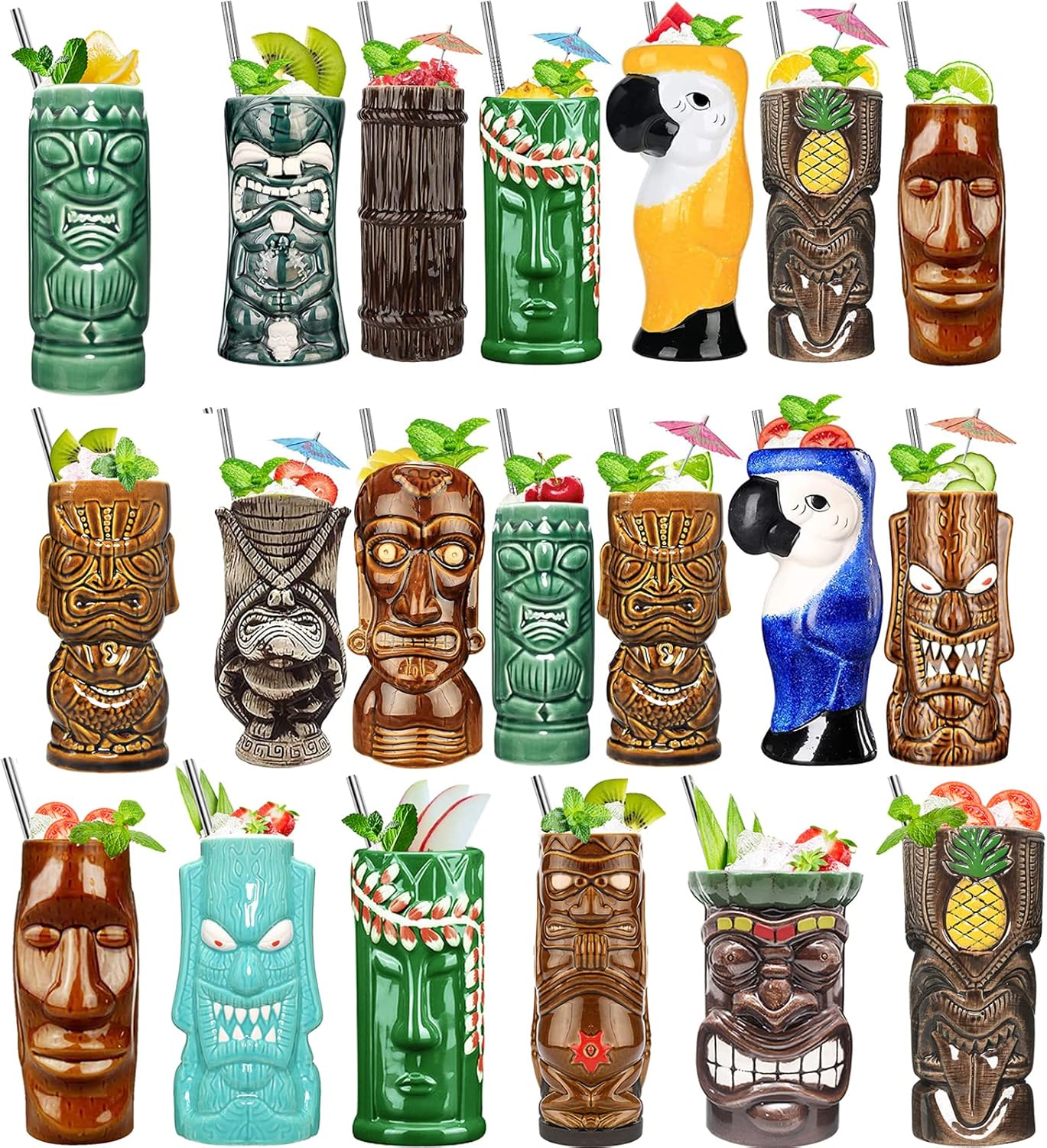 Amazon.com: Tiki Mugs Cocktail Set of 20 - Ceramic Tiki Hawaiian Party ...