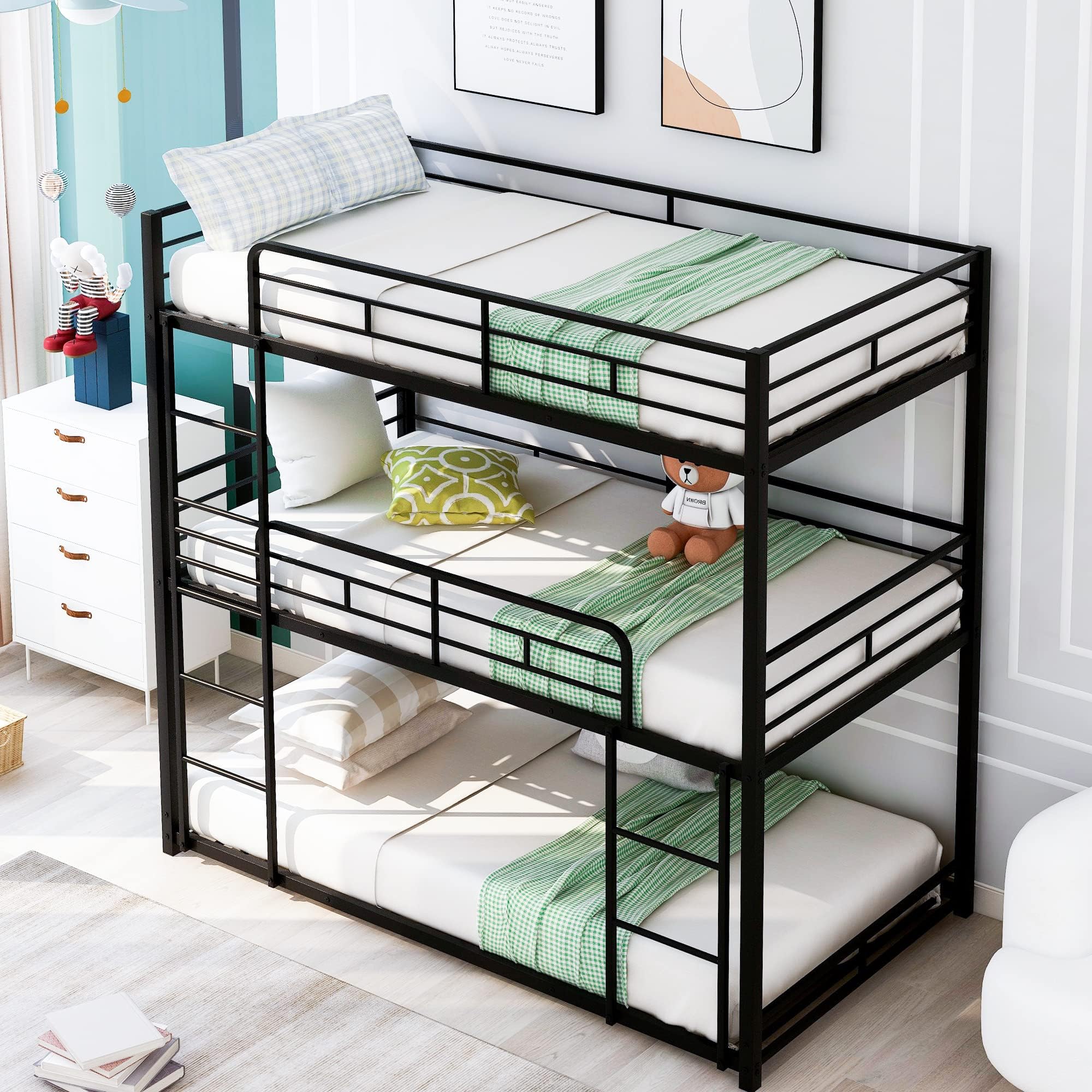 Amazon.com: RUNWON Twin Size Metal Triple Bunk Bed with 2 Front Ladders ...