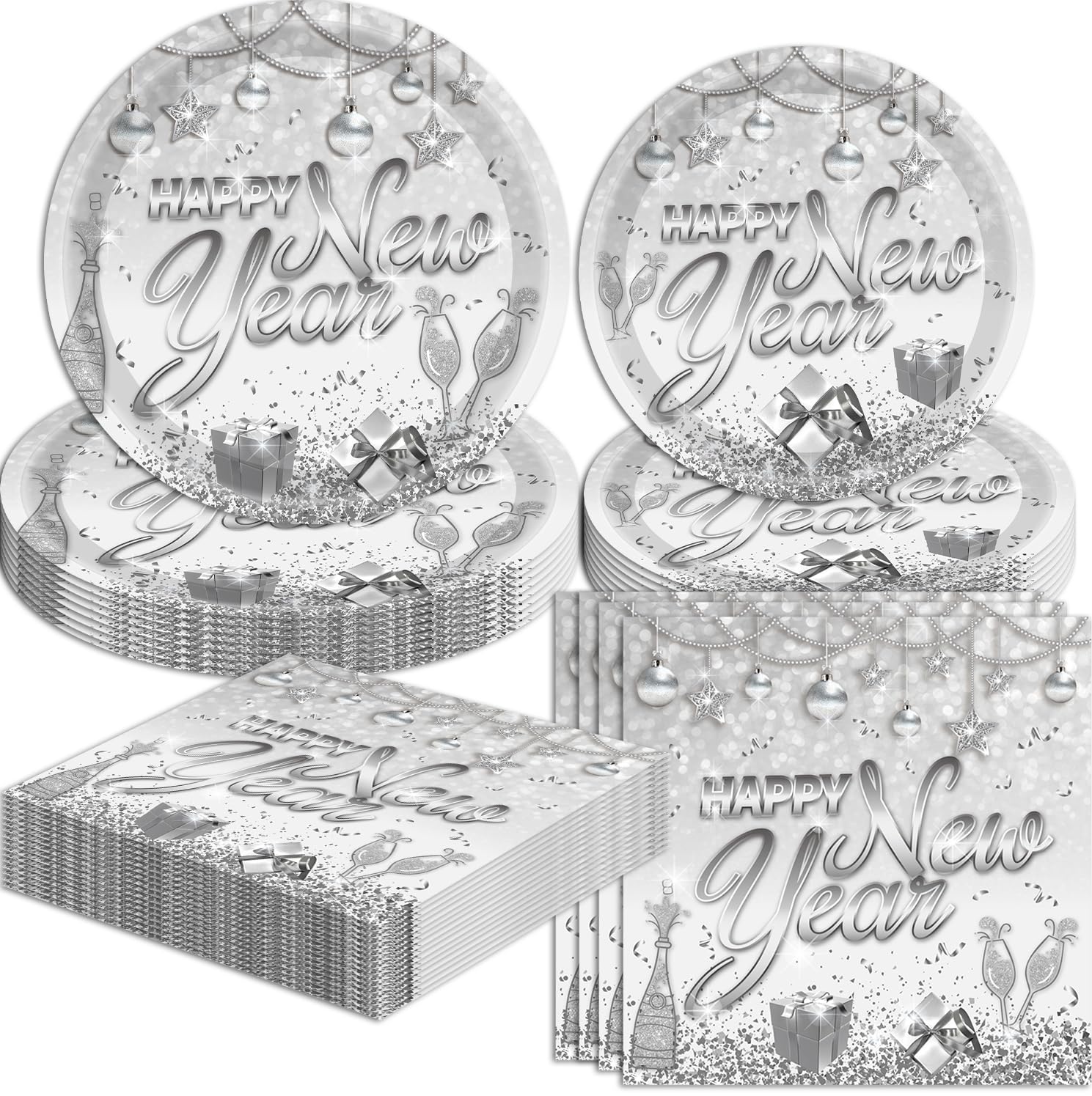 Amazon.com: 52PC Happy New Year Party Supplies Silver Glitter New Year ...