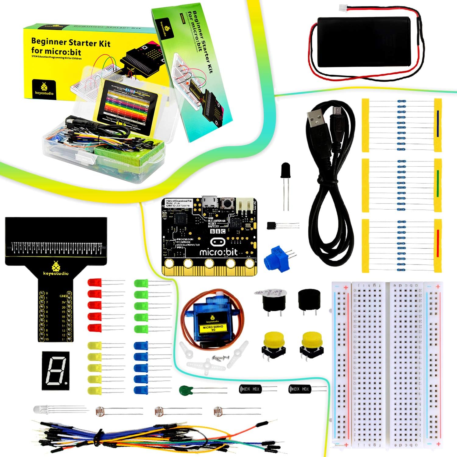 KEYESTUDIO BBC Micro:bit Starter Kit with Microbit V1 Board, T Shield, Breadboard, Jumper Wire ...