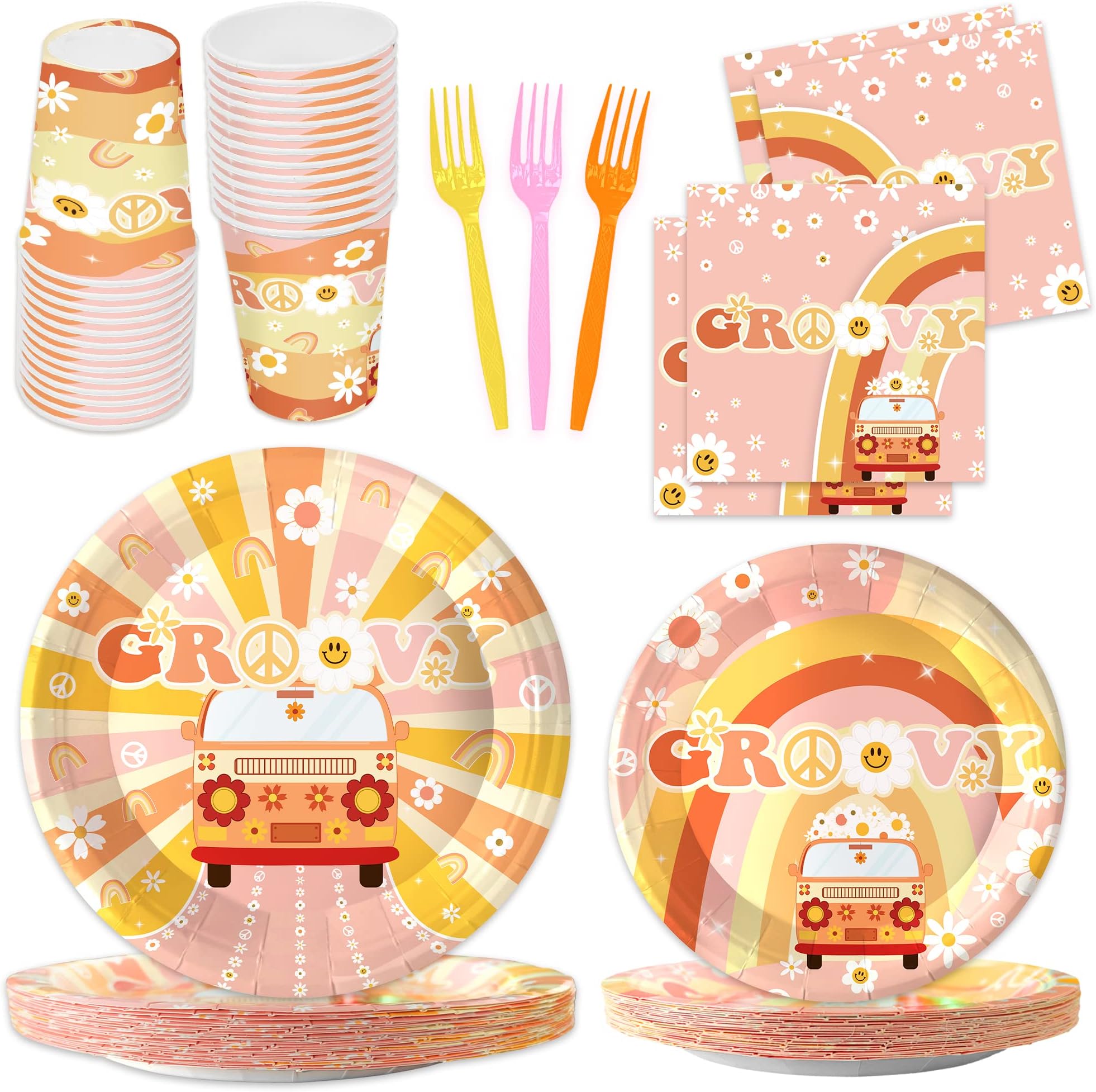 Amazon.com: 100 PCS Groovy Paper Plates Napkins Boho Groovy Party ...