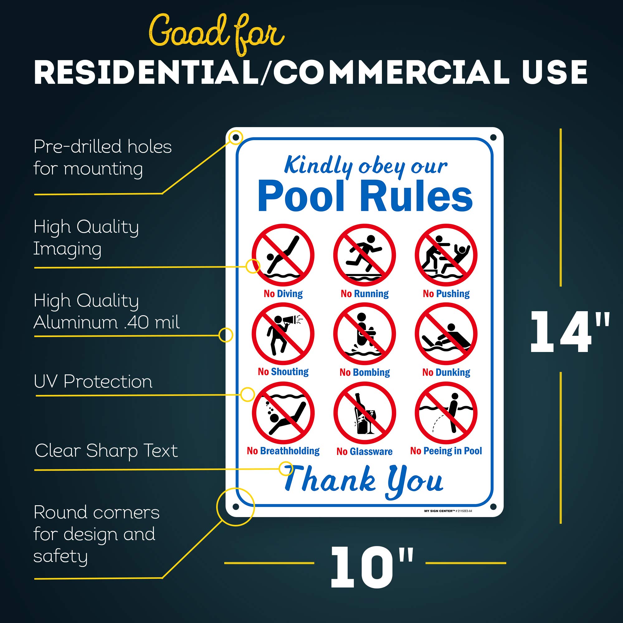 Buy Kindly Obey Swimming Pool Safety Sign, Swim at Your Own Risk, 10” x ...