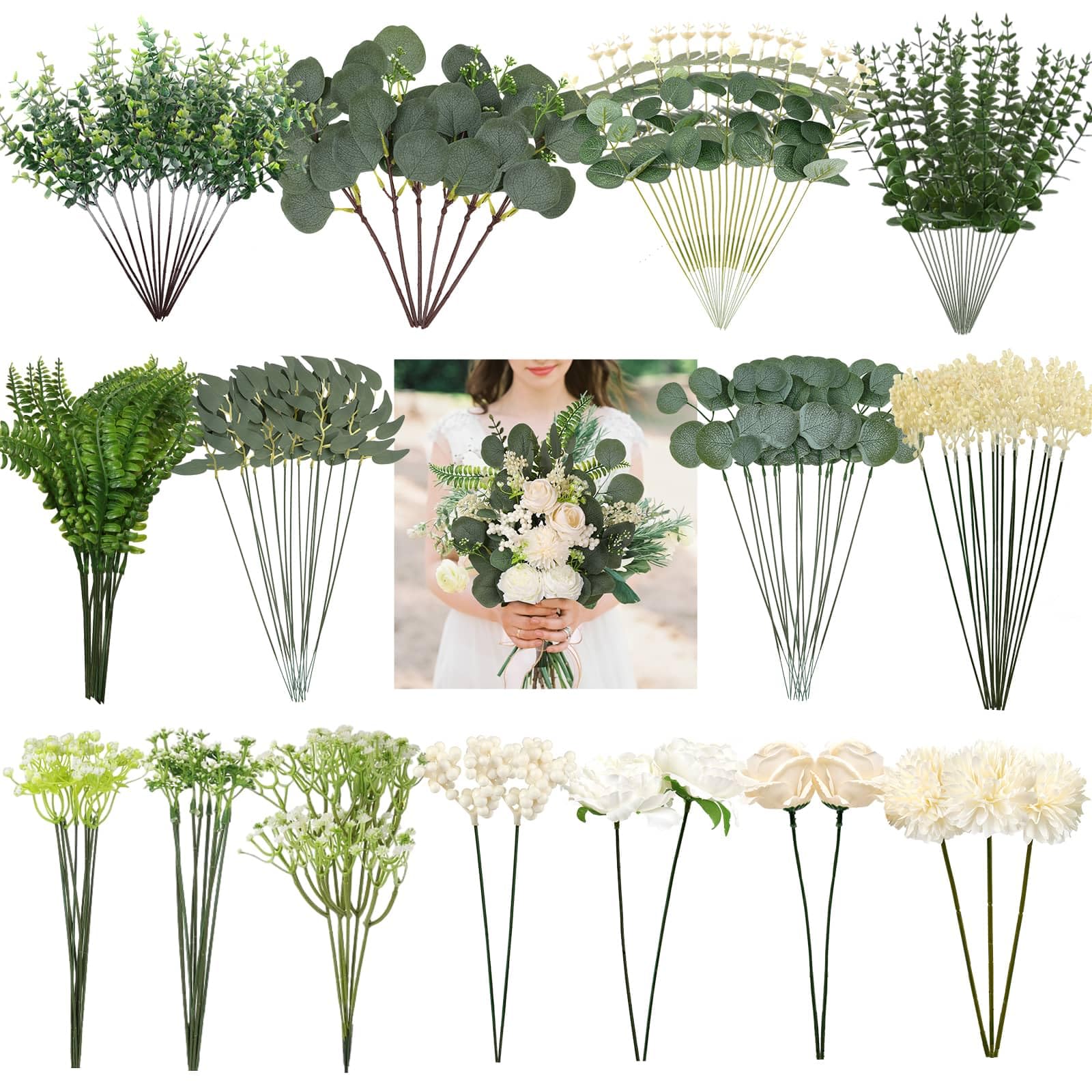 Amazon.com: 120Pcs 15 Kinds Mixed Artificial Greenery Stems and Faux ...