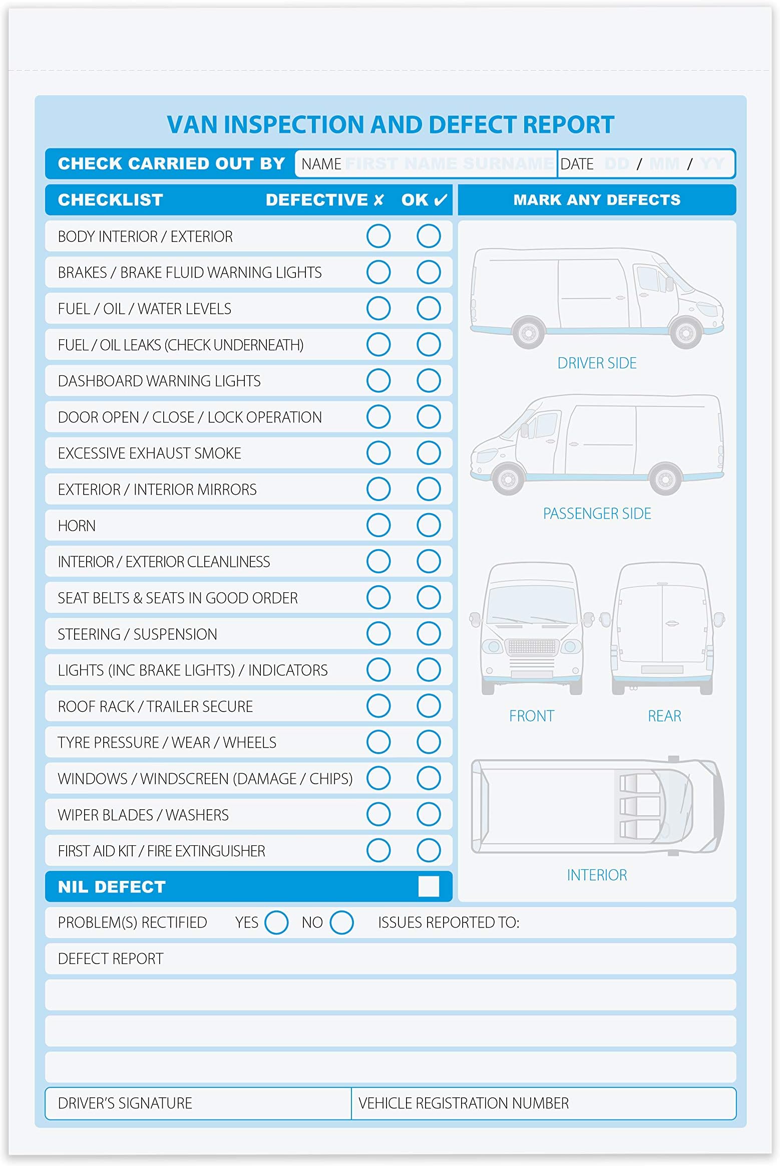 A5 Van defect Check List Book, 2 Part, Duplicate, 50 Sets per Book ...