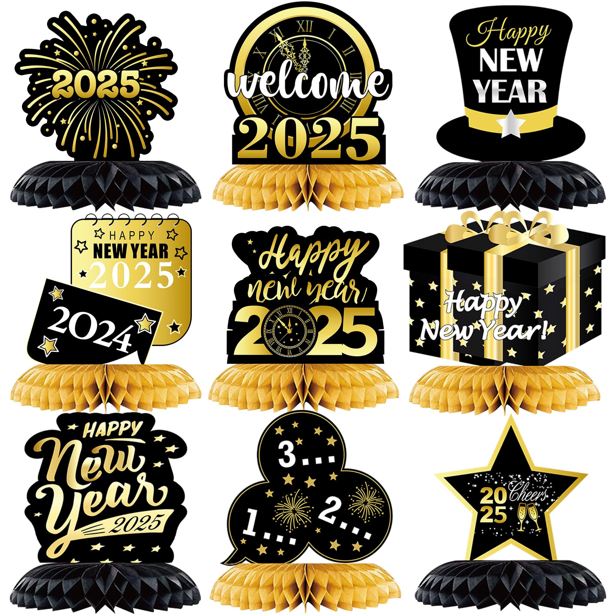 Amazon.com: Lucleag 9 Pieces New Years 2025 Honeycomb Centerpiece Party ...