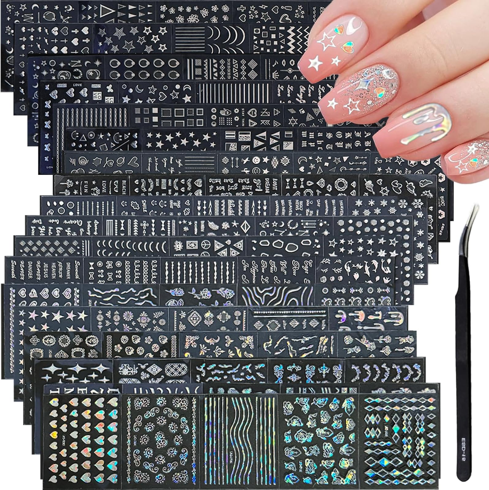 Amazon.com: 30 Sheets Silver Nail Art Stickers Decals 3D Self-Adhesive ...