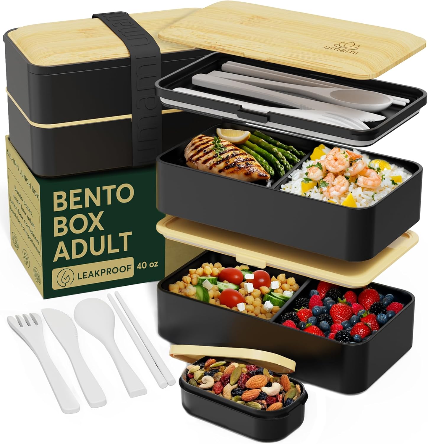 Amazon.com: Umami Bento Box Adult All-In-1 w/4 Utensils, Big Sauce Jar ...