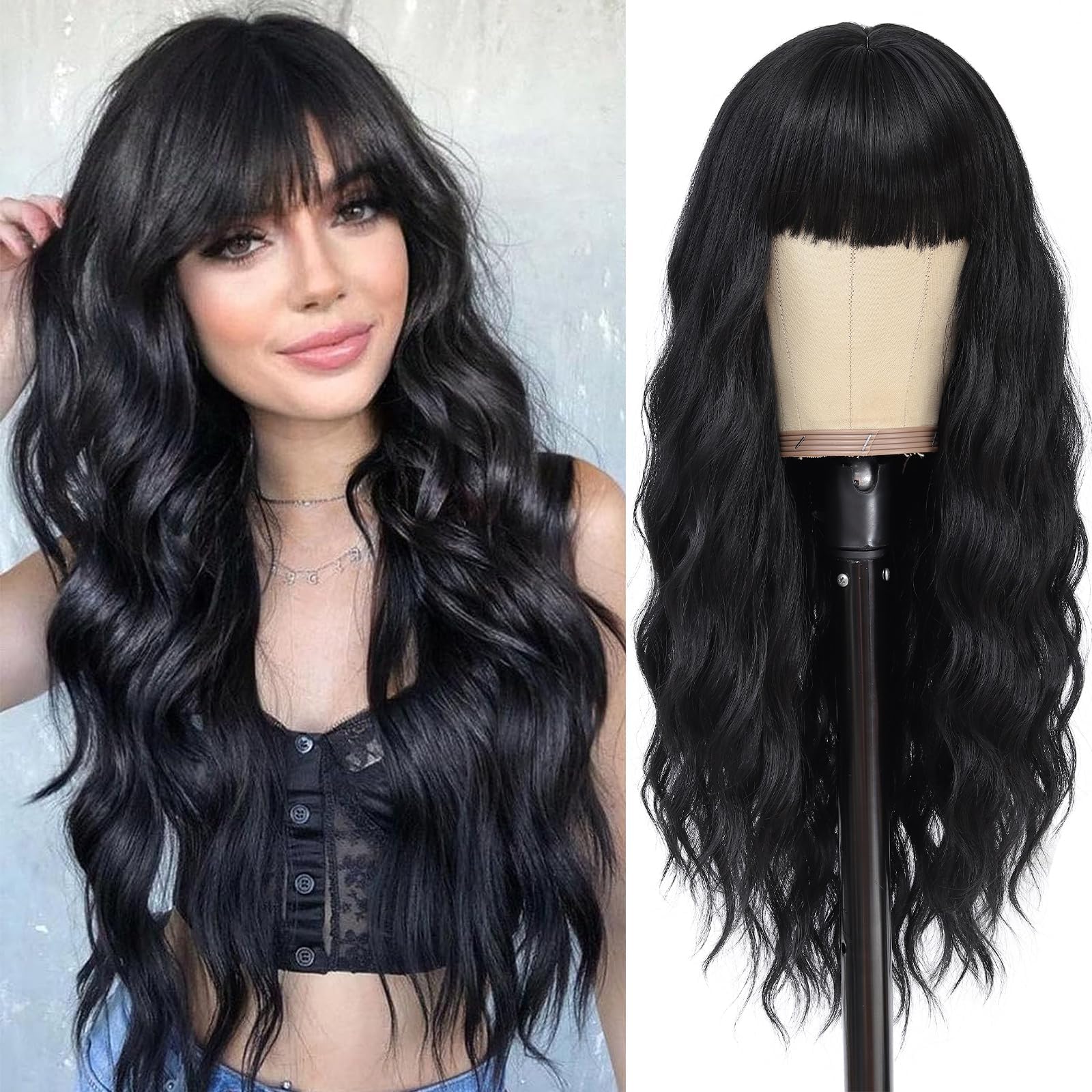 Amazon.com : NAYOO Long Wavy Wigs with Bangs Black Wigs for Women ...