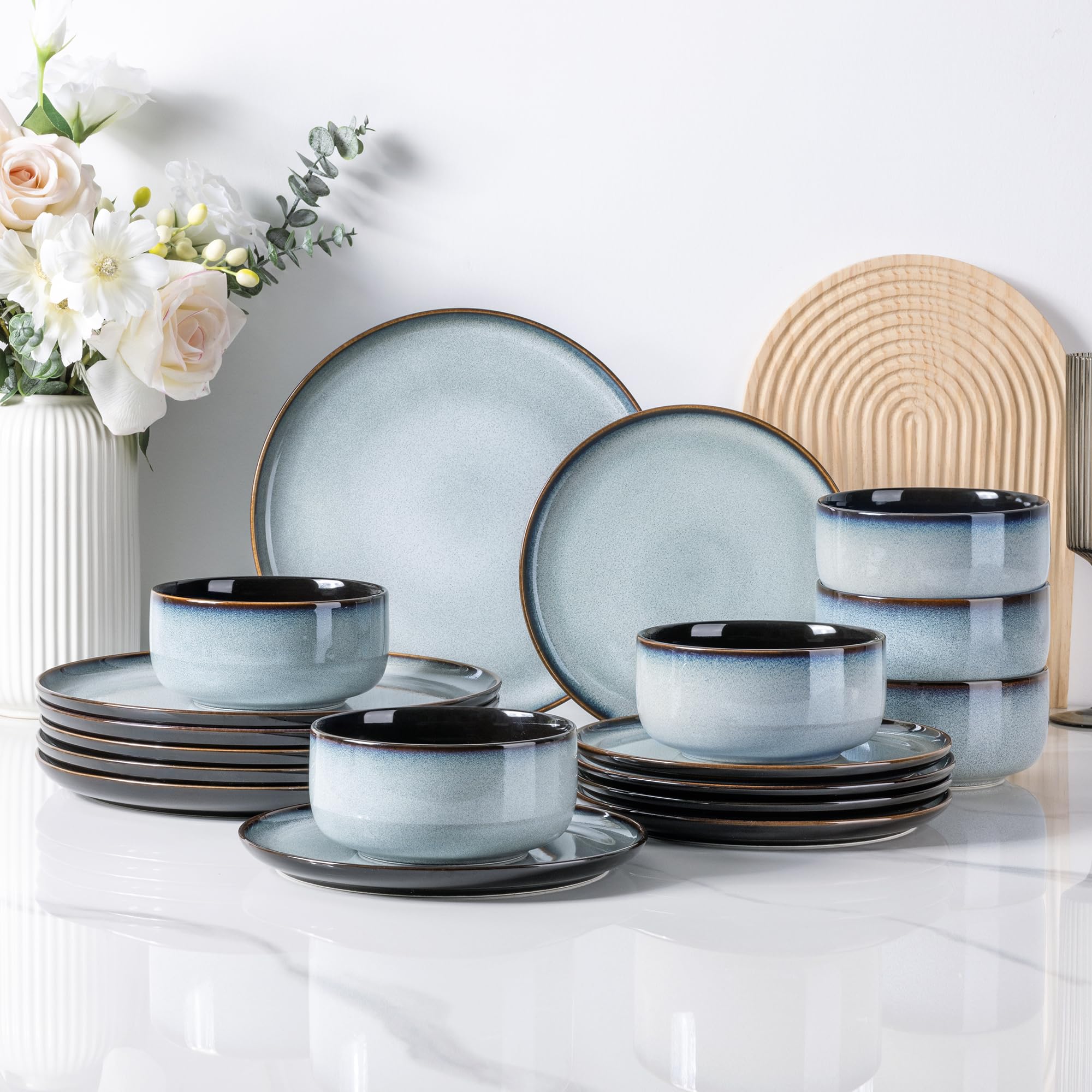 LeRatio Dinner Set for 6, 18 Piece Stoneware Plates and Bowls Set, Chip ...